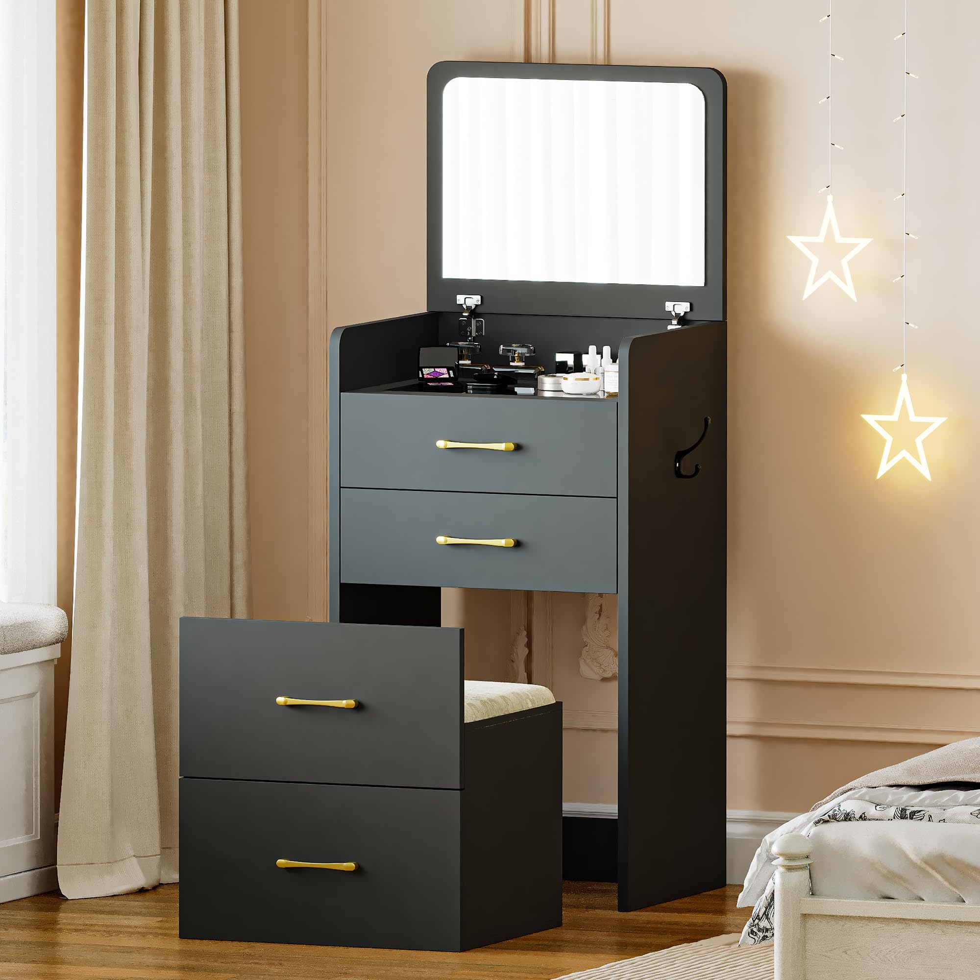 Gurexl 3 in 1 Vanity Desk with Plip Top Mirror,Compact Makeup Vanity with 3 Drawers,Cushioned Tool,Dressing Table for Bedroom,Small Make Up Vanity Set with Visible Glass Desktop,Black