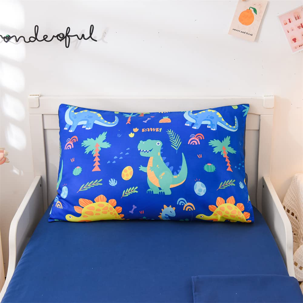 Holawakaka 4 PCS Boys Dinosaur Toddler Bedding Set, Colorful Dinosaurs Printed on Navy Blue, includes Quilted Comforter, Fitted Sheet, Flat Sheet, and Pillow Case for Kids