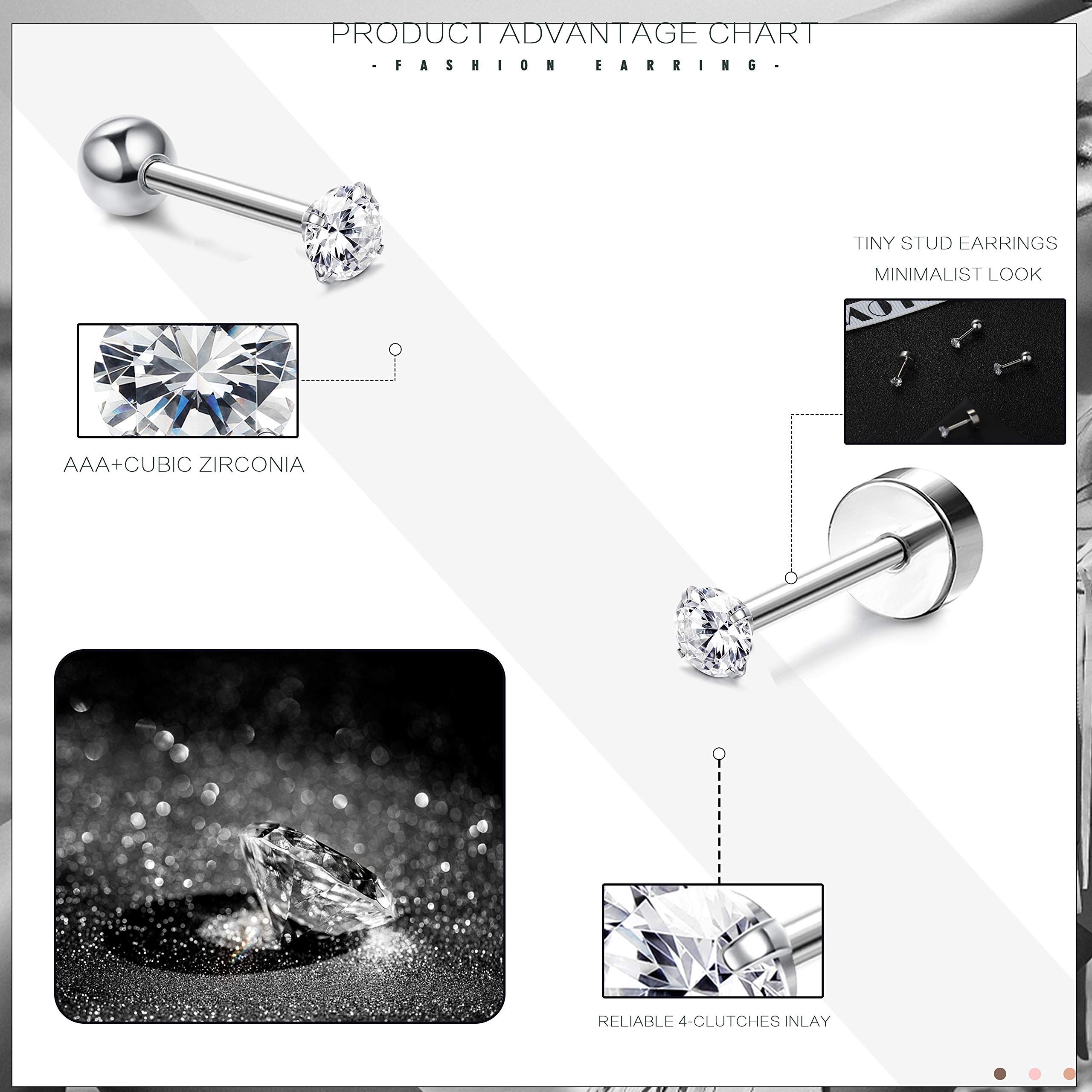 Drperfect 8 Pairs Cartilage Earring Stud for Womens Mens Tiny Stainless Steel Ear Stud Piercing CZ Screw Flat Back Barbell Stud Earrings 2-5mm
