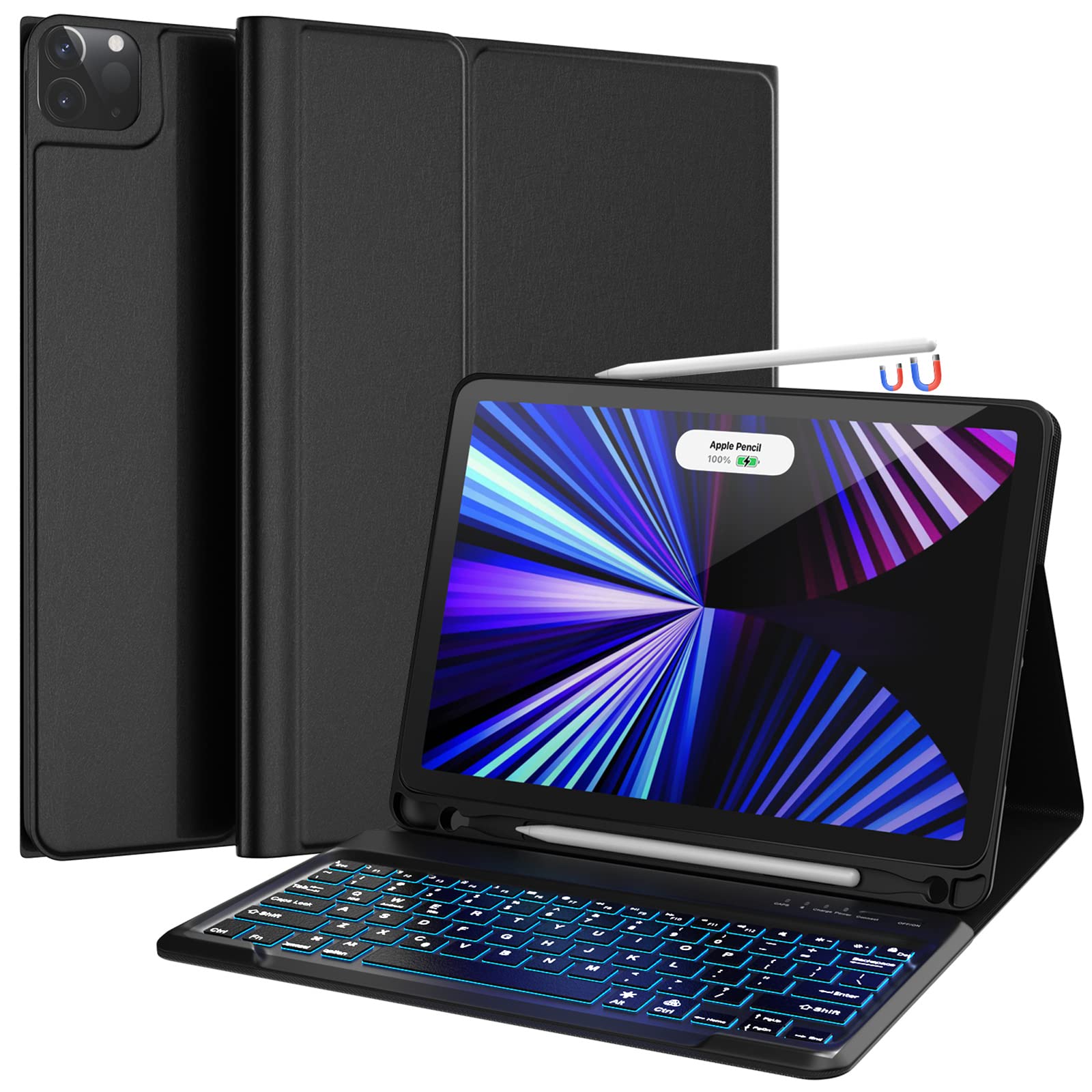 iPad Pro 12.9 Case with Keyboard 6th Generation, iPad Pro 12.9 Keyboard - Bluetooth Backlit Detachable Keyboard for 12.9 inch 5th 4th 3rd Gen, Smart Folio Tablet Cover with Pencil Holder (Black)