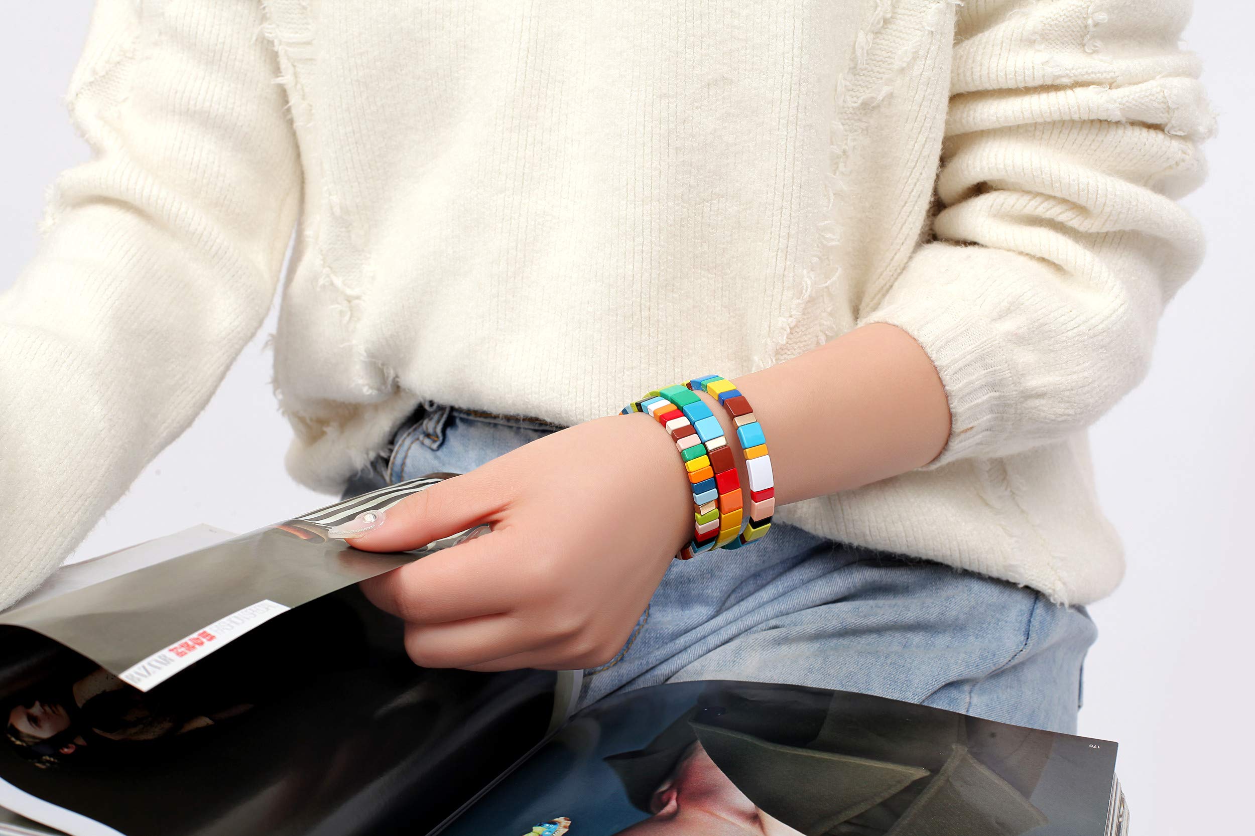 Coolcos Tile Bracelets Stackable Enamel Stretch Tile Bracelet Rainbow Colorblock Beads Bracelets Bohemian Strand Bracelets for Lady Women & Men (A Colorblock Stripe)