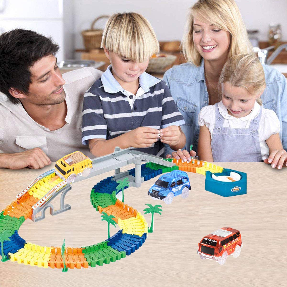 QUOXO 4 Pack Tracks Racing Car Only Replacement,Light Up Toy Cars Glow in The Dark Track Accessories for Boys and Girls