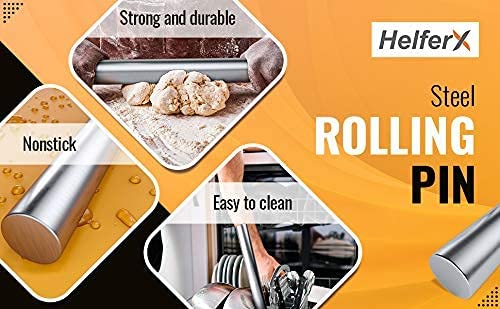 HelferX 15 inch Long Stainless Steel Rolling Pin for Baking - Perfect for Fondant, Dumpling, Ravioli, and Pizza Dough