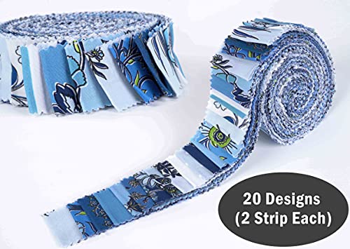 Soimoi 40Pcs Block Print Precut Fabrics Strips Roll Up 1.5x42inches Cotton Jelly Rolls for Quilting - Blue