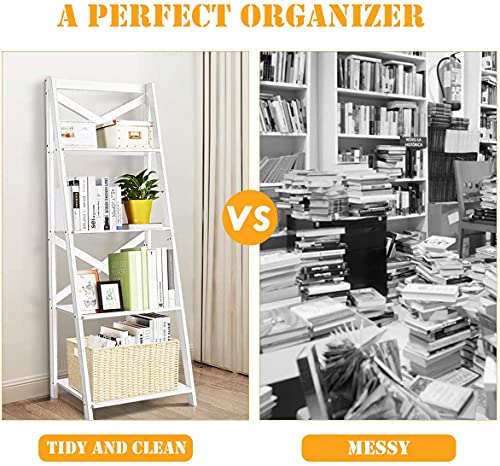 LUARANE Modern 4-Tier Ladder Shelf, Wooden Bookshelf with X-Shaped Frame, Free Standing Bookcase with 4 Open Storage Shelves, Organizer Shelf for Living Room Kitchen Office (2, White)