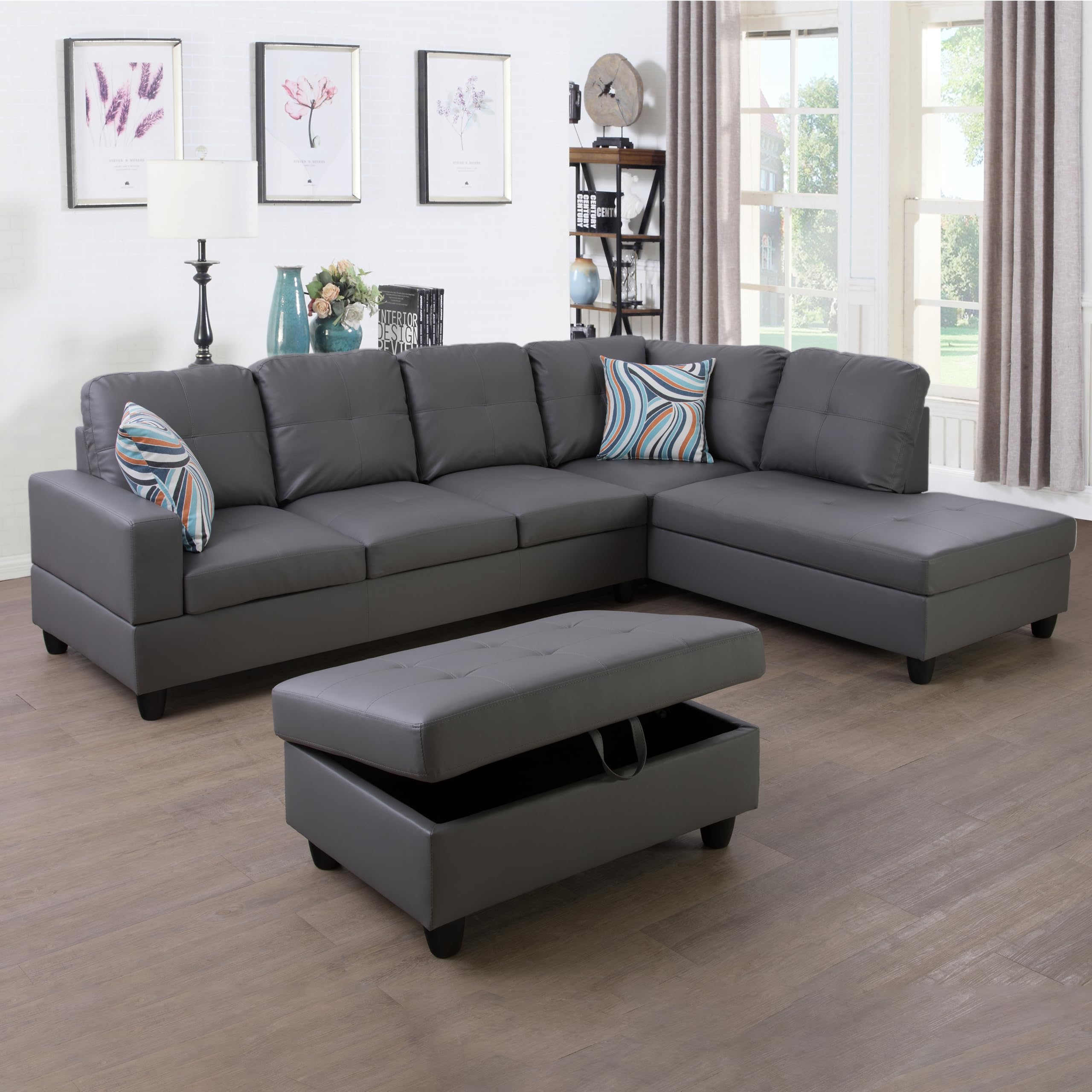 NicBex Sectional Couch 3 Pieces Modular Sofa with Ottoman Sectional Sofas with Right Chaise L-Shape Couches with PU Leather Fabric Sleeper Sofa Sectional Couches for Living Room, Dark Grey