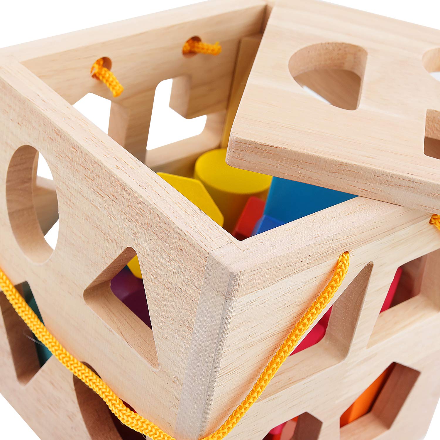 QZMTOY Shape Sorter Toys with 19 Shape Blocks,Shape Sorting Cube Toy Box Classic Wooden Toys for Toddlers Kids,Gift for Girls Boys 2-4(Natural Solid Wood)