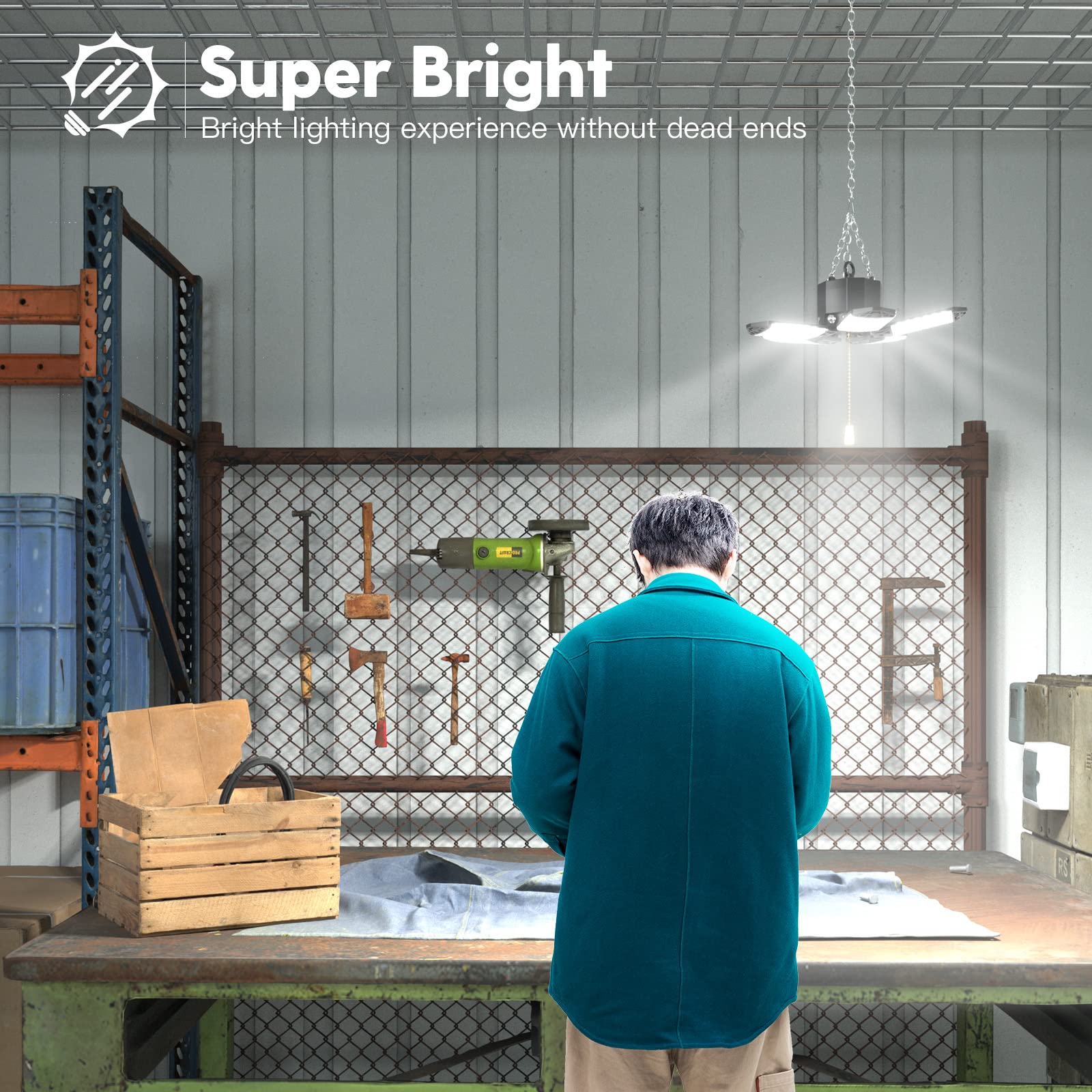 FREELICHT 2 Pack LED Plug in Garage Lights with Pull Chain(ON/Off), 12000LM Deformable Garage Ceiling Light with 5 Panels, 120W Linkable Hanging LED Shop Lights for Garage, Basement, Barn, Warehouse