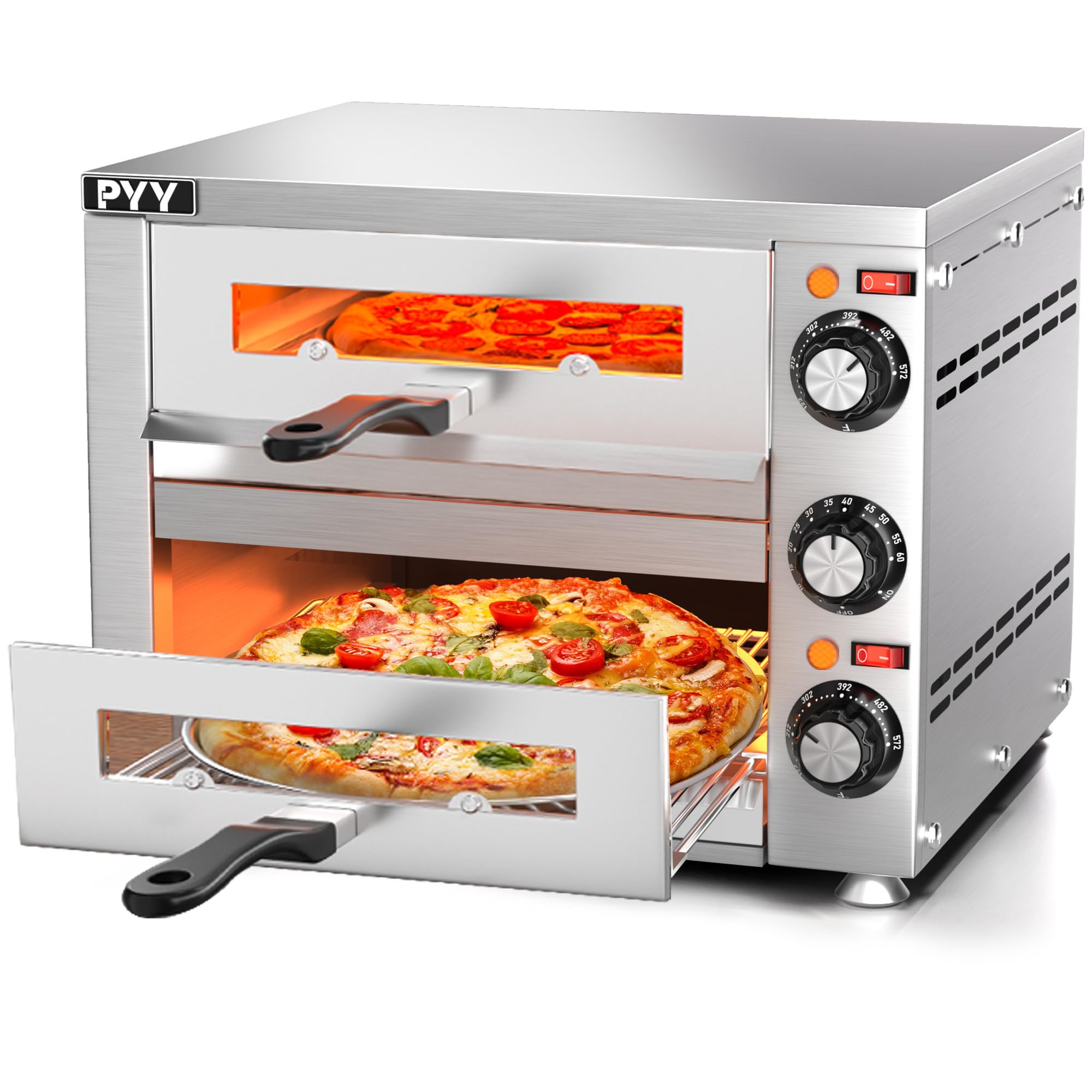 PYY Countertop Pizza Oven Electric Indoor Pizza Oven with Viewing Window Commercial Stainless Steel 2-Layers Pizza Cooker with Timer for Home Restaurant