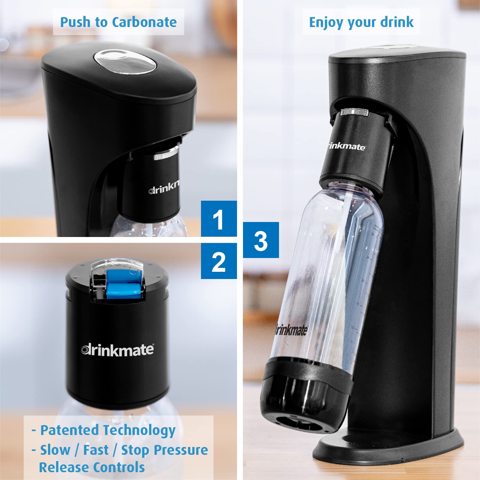 Drinkmate OmniFizz Sparkling Water and Soda Maker, Carbonates Any Drink, PARTY PACK - Includes two 60L CO2 Cylinders, three Carbonation Bottles, and two Fizz Infusers (Matte Black)