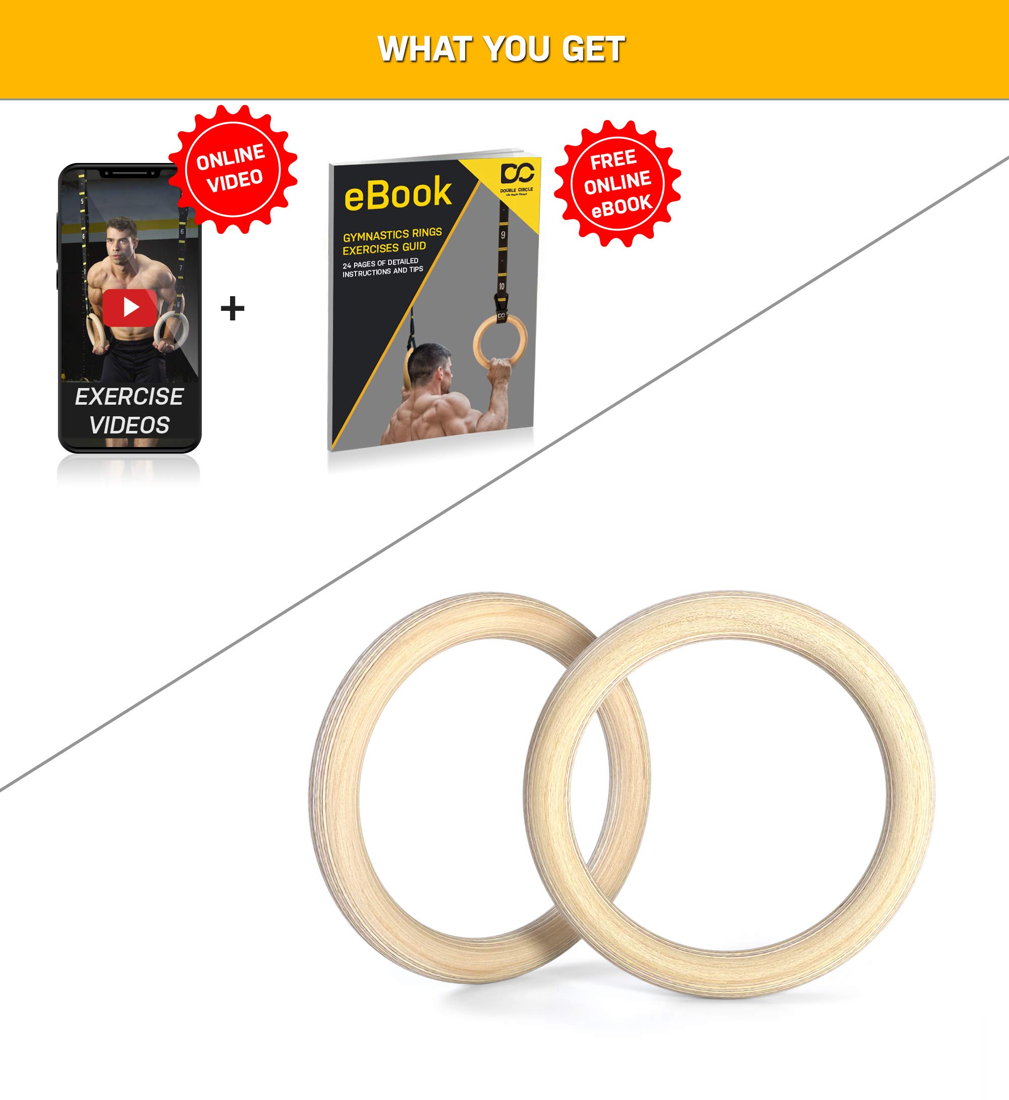 Double Circle 1.25 Inch Wood Gymnastics Rings for Bodyweight Training - Home Gym Workouts and Olympic Exercises - Slip Resistant Grip Strength - 32mm (Rings Only)