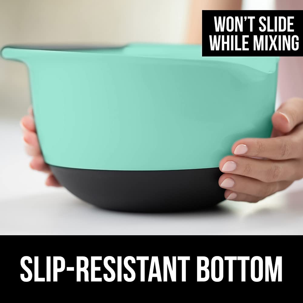 Gorilla Grip Mixing Bowls Set of 3, Slip Resistant Rubber Bottom, Nesting Baking Bowl, Soft Wide Handle, Easy Pour Spout, Electric Mixer and Dishwasher Safe, Kitchen Essentials, 5, 3 and 1.5 QT, Mint