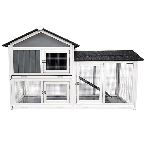 Lifeand Rabbit Hutch Chicken Coops Bunny Cage with Pull Out Tray, Ramp, Lockable Doors,Two Run Cage Outdoor Wooden Small Animal House,Gray