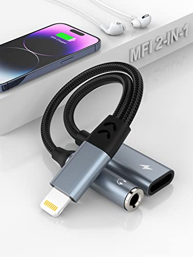 iPhone Headphone and Charger Adapter 2-in-1 Lightning to 3.5mm AUX Audio + Lightning Charger Splitter Dongle for iPhone 14/13/12/11 Pro Max/Pro/Plus/Mini/XR/XS/8/7 Plus-Apple MFi Certified
