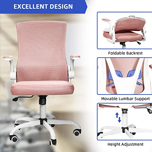 MUZII Task Chair with Arms, Ergonomic Mesh Office Chair, Computer Desk Chair Swivel Office Chair with Flip-up Arms and Adjustable Lumbar Support, Pink