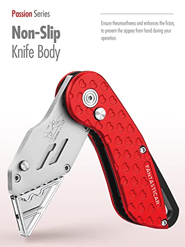 FantastiCAR Folding Utility Knife Cute Box Cutter, Chic Hearts Pattern on Metal Body, with 5 Extra Blades (Red)