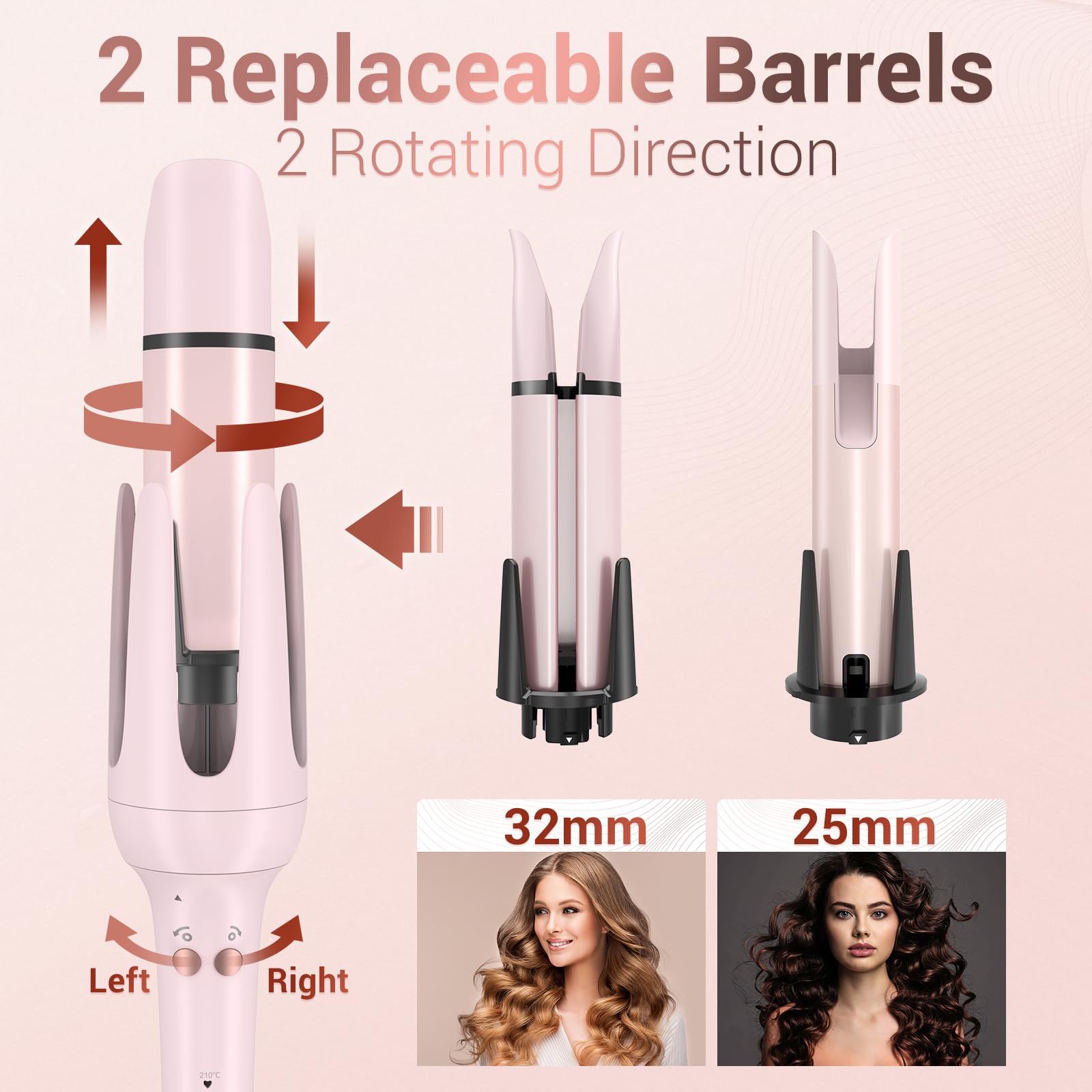 Curlicue Automatic Curling Iron Hair Curler,Replaceable Curling Wand w/ 2 Sizes Barrel (1'',1.25'') & 3 Temps,Hair Waver w/ Anti-Tangle & Auto-Off,Double Voltage Rotating Curling Iron Long Hair-Rose