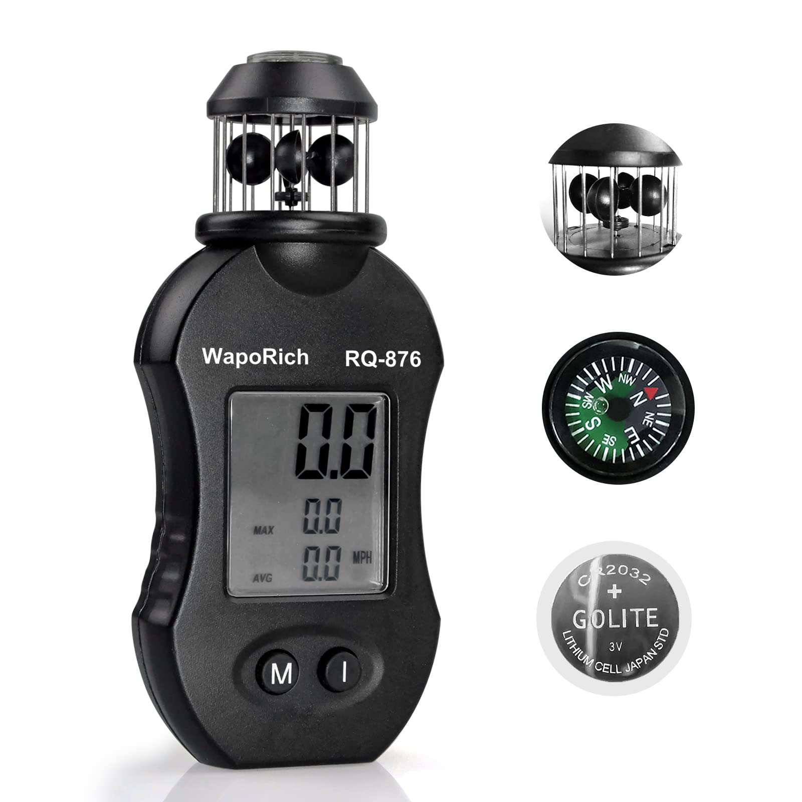 Digital Anemometer Handheld Wind Speed Meter with 360°Rotation Wind Senser with Big LCD Back-Light for Wind Speed/Wind Temperature/Max/Avg for HAVC, Drone Flight, Fishing, Shooting -RQ-876