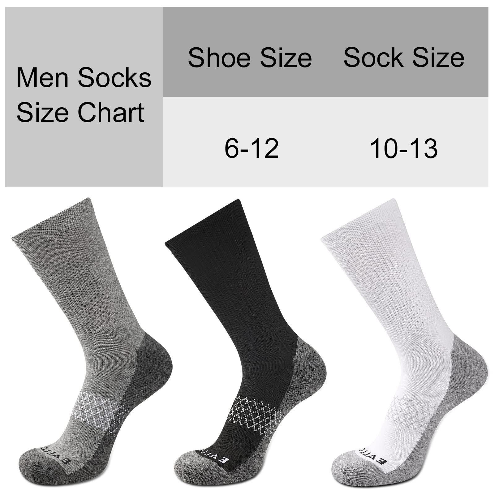 eallco Mens Crew Socks Athletic Work Calf Socks Running Long Socks With Cushioned Sole 6 Pairs