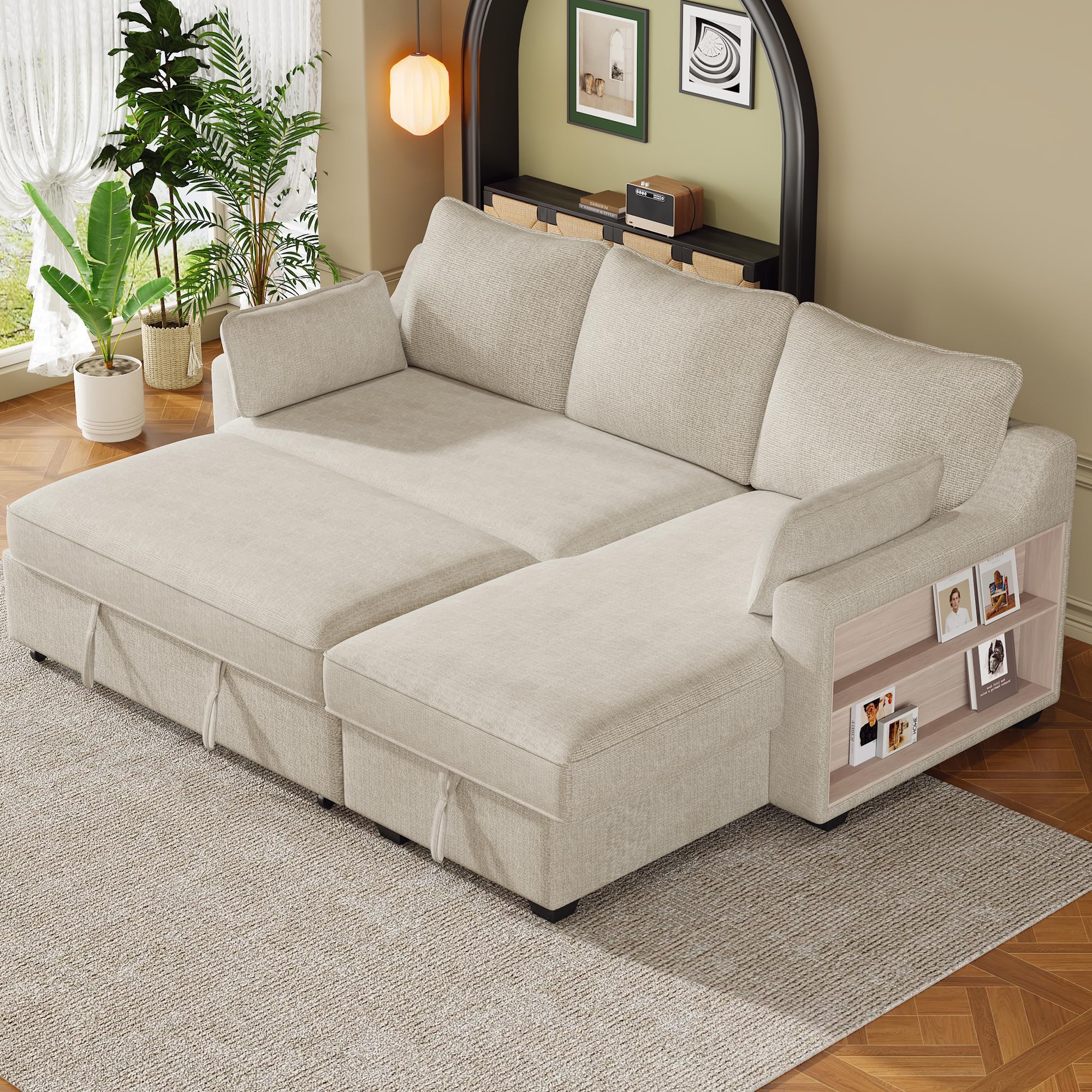 LUMISOL 90" Convertible L Shaped Sofa with Pull Out Bed, Chenille Sectional Sofa Bed with Reversible Chaise, Convertible Sleeper Sofa Couch with USB Ports and Cabinet Armrests, Beige