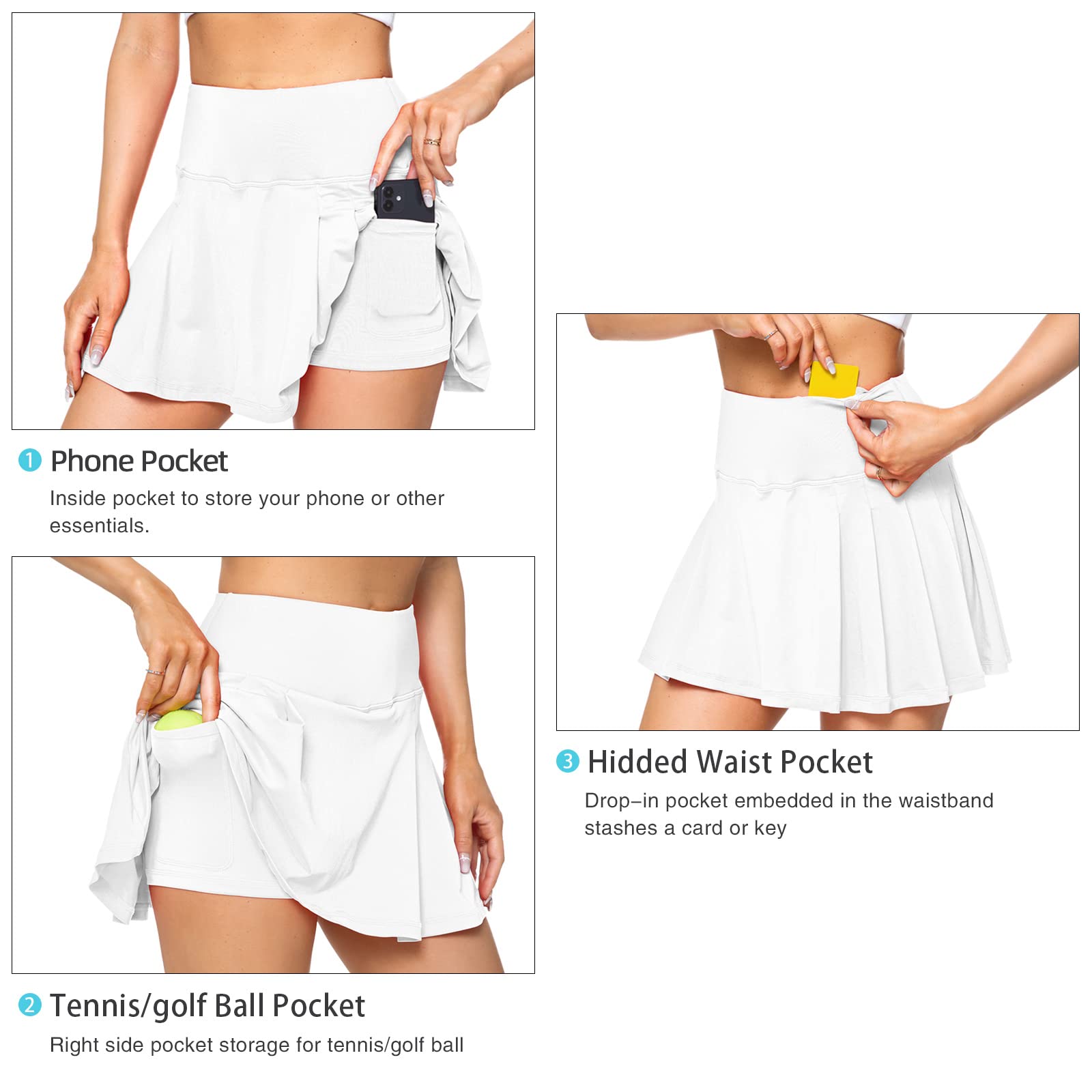 FEIXIANG Athletic Tennis Skirts for Women, High Waisted Golf Skorts 3 Pockets Pleated for Casual Running Workout Active Skirt White