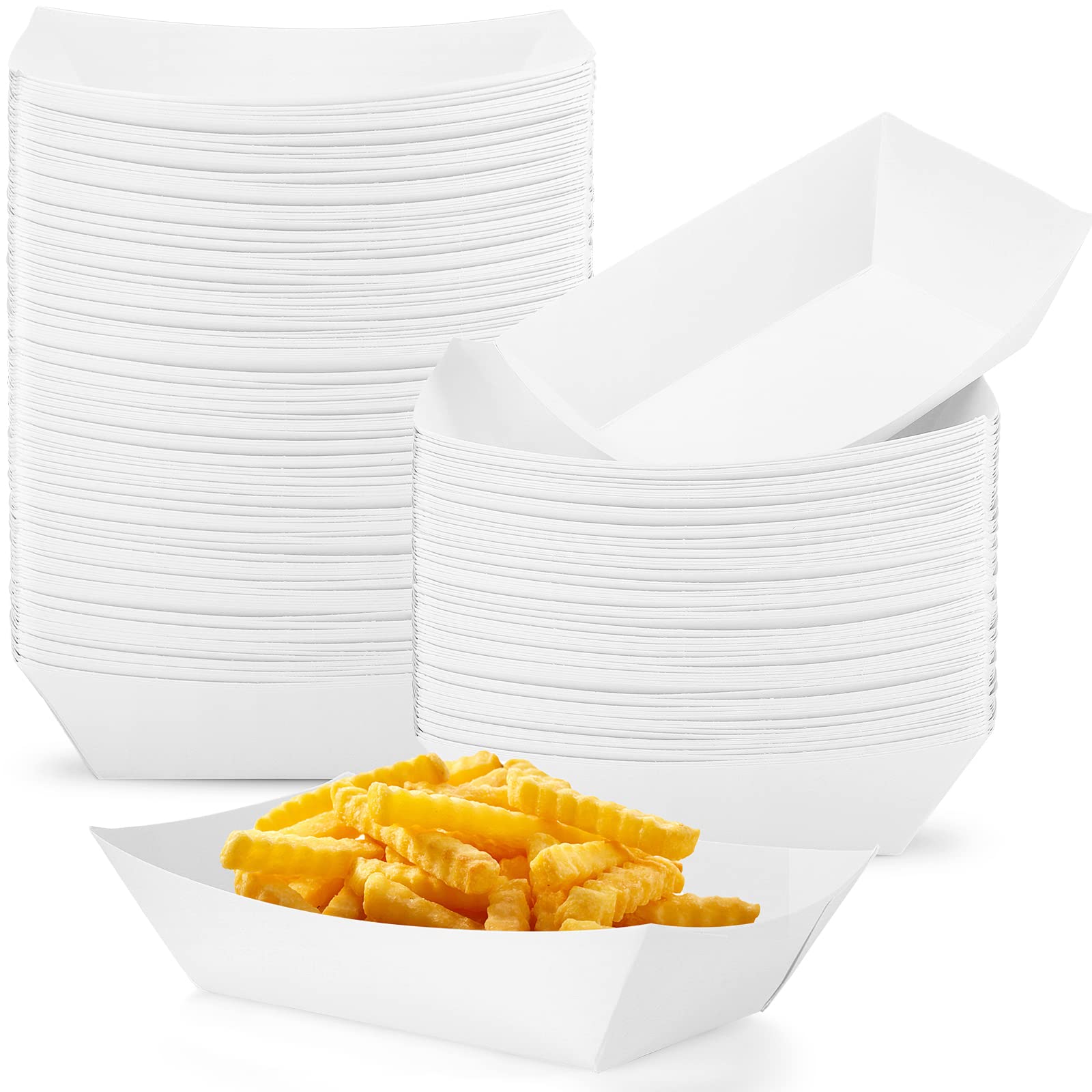 Handepo 300 Pieces Food Trays Bulk Disposable Paper Food Boats Hot Dog Serving Trays White Nacho Trays for Popcorn Taco Snack Fast Food Carnivals Festivals Party Favors Supplies Decorations(2LB)