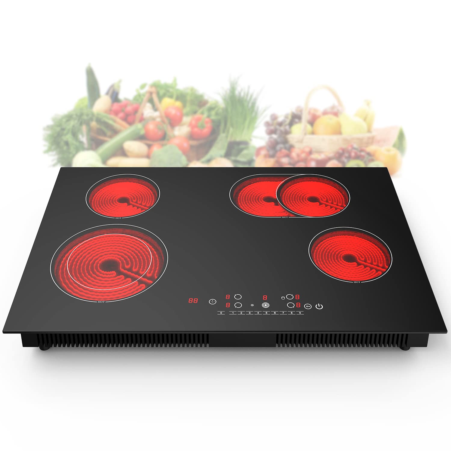 Electric Cooktop 30 Inch 4 Burner Built-in Electric Stove Top, 220V 7200W Electric Ceramic Cooktop, 9 Heating Levels, Timer & Kid Safety Lock, Suitable for all Cookware, without Plug
