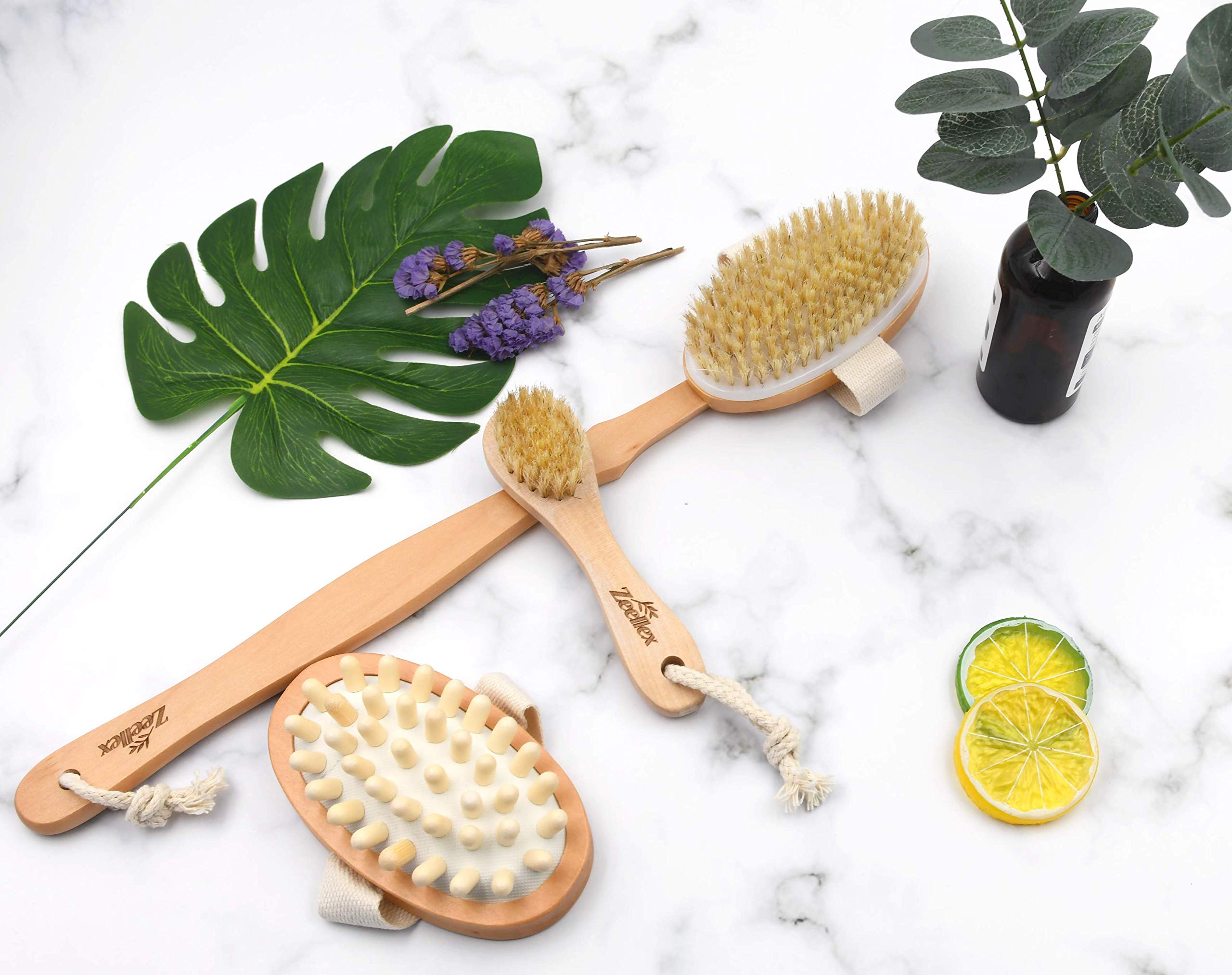 Dry Brushing Body Brush Set for Cellulite & Lymphatic Drainage and Exfoliating Dry Skin -- Premium 100% Natural Boar Bristle Body Brush Set