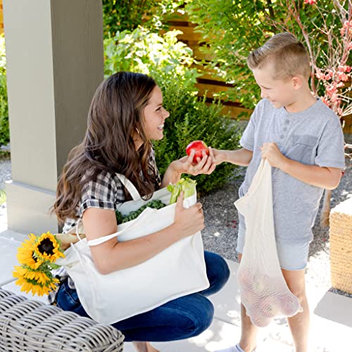 Reusable Grocery Bags Set of 12, 100% Cotton Plain Cloth Blank Canvas Heavy Duty Bag Bundle, With Handles for Shopping, Produce, Farmers Market, Include 3 Small, 3 Medium, 3 Large Mesh Bags, 3 Tote