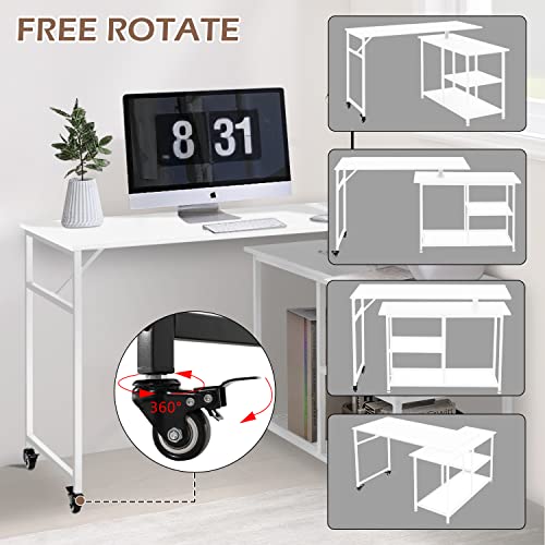 LTMEUTY 360°Free Rotating Desk - Modern Home 0ffice Desk, Reversible Computer Desk Study Writing Table Workstation, L-Shaped Corner Desk with Storage Shelves, Sofa Side Table, White