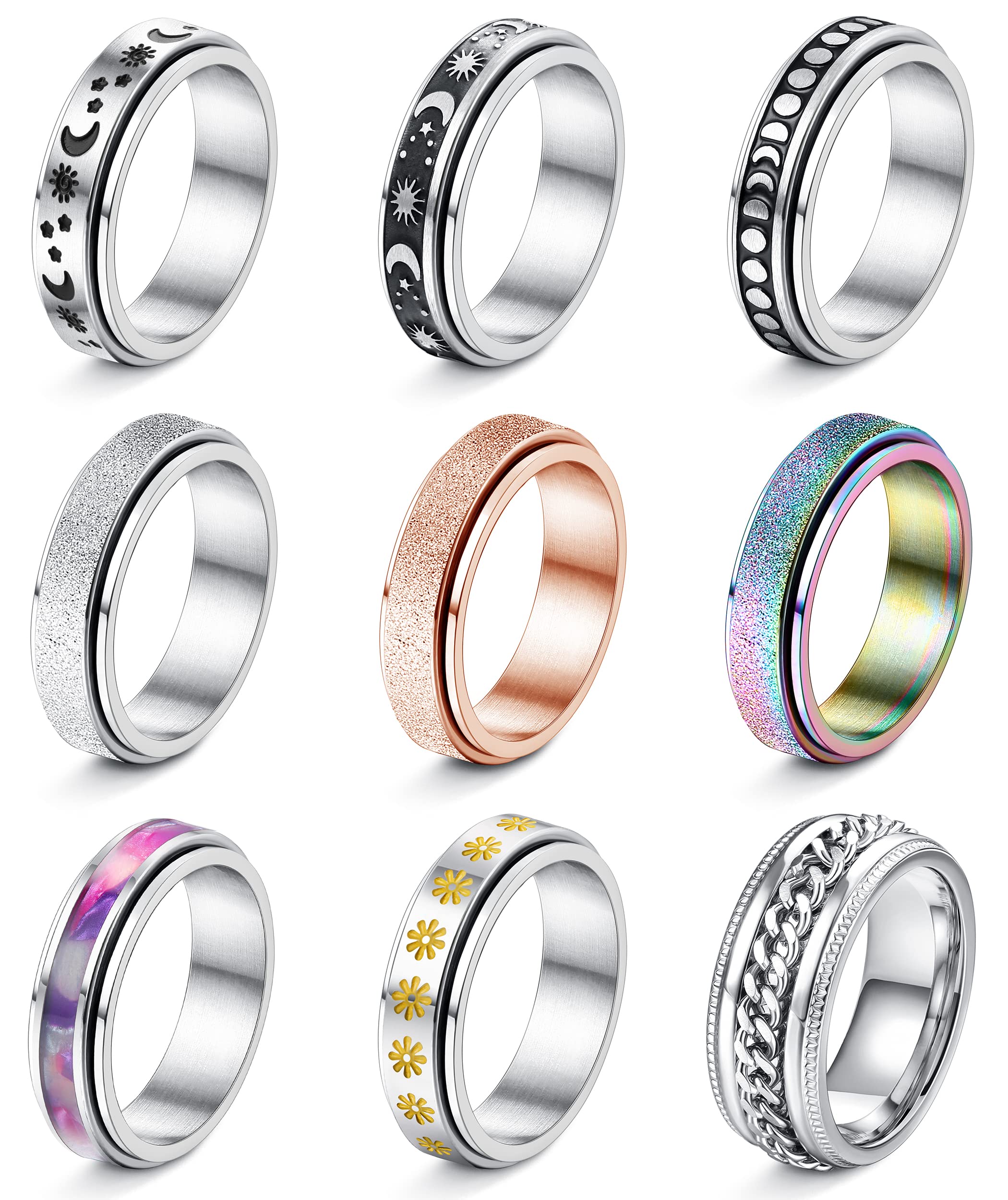 FIBO STEEL 9Pcs Stainless Steel Spinner Fidget Ring for Women Band Rings Moon Star Sand Blast Finish Ring Set for Stress Relieving Wedding Promise Size 9