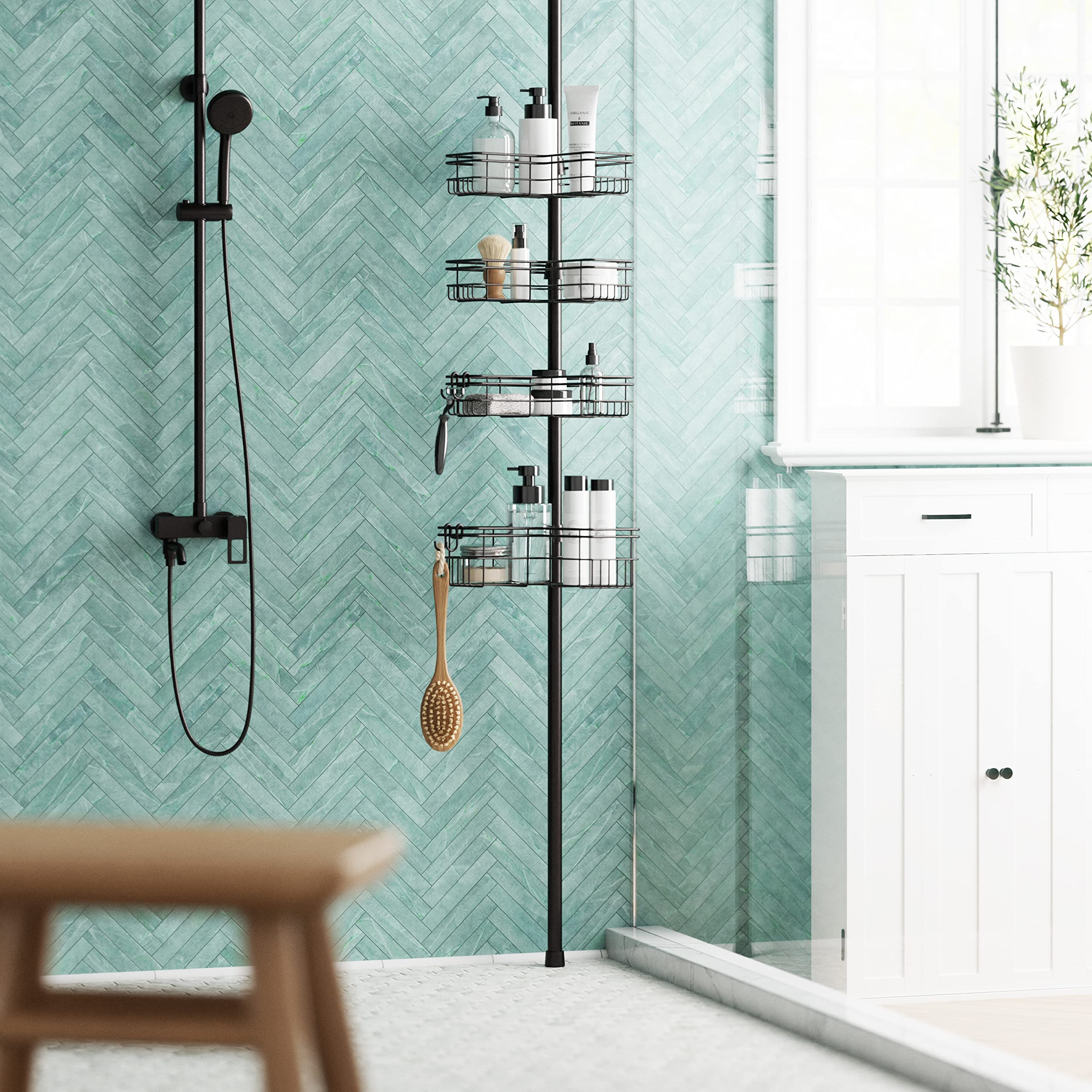 Zenna Home Tension Pole Shower Caddy with 4 L-Shaped Shelves with Hooks, Bronze, 60-97 Inch – Rust-Resistant Corner Shower Organizer Shelf – Adjustable Shower Rack for Bath Essentials
