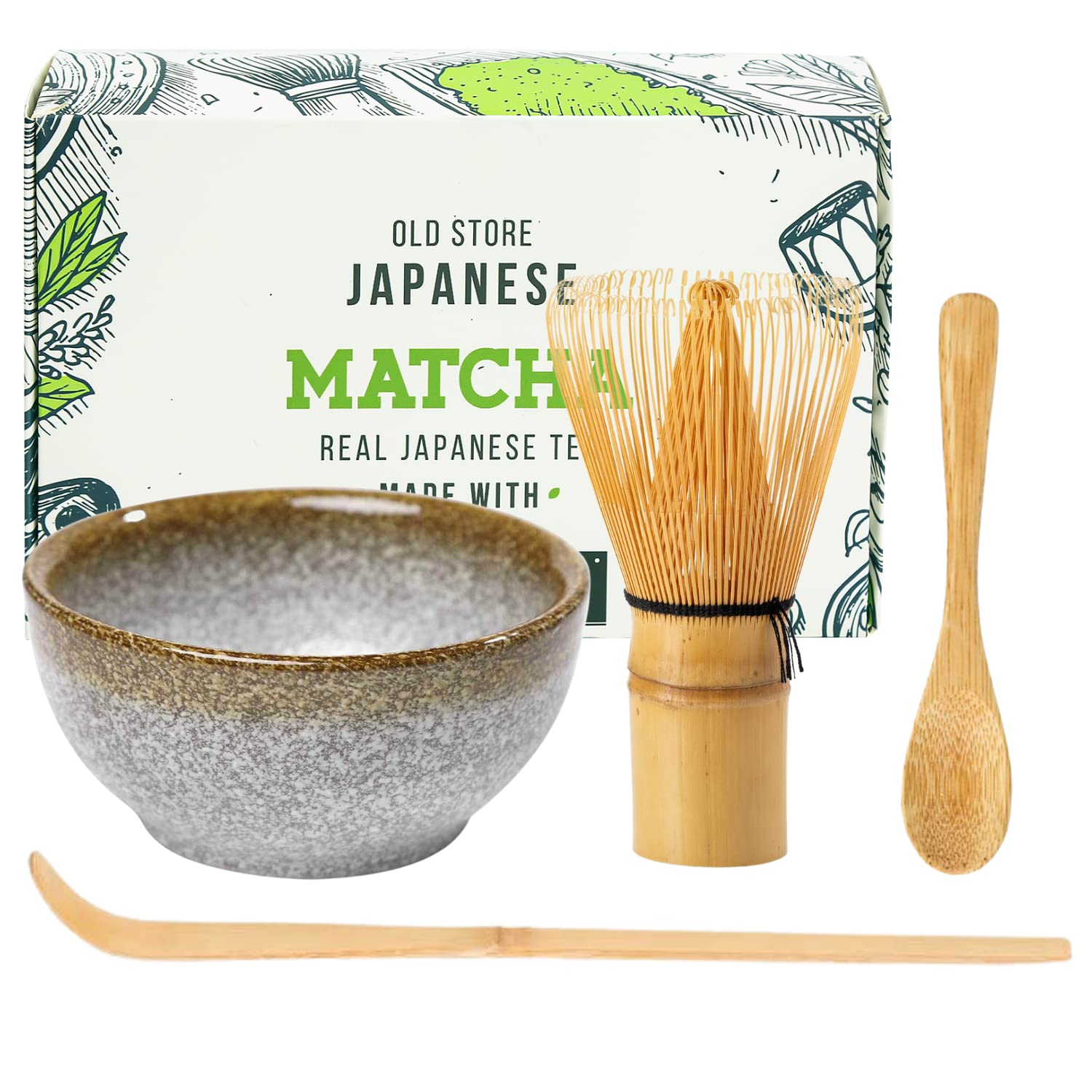 KAISHANE Japanese Matcha Whisk Set Matcha Tea Ceremony Set of 4 Including 100 Prong Matcha Whisk, Traditional Scoop, Tea Spoon and Ceramic Matcha Bowls