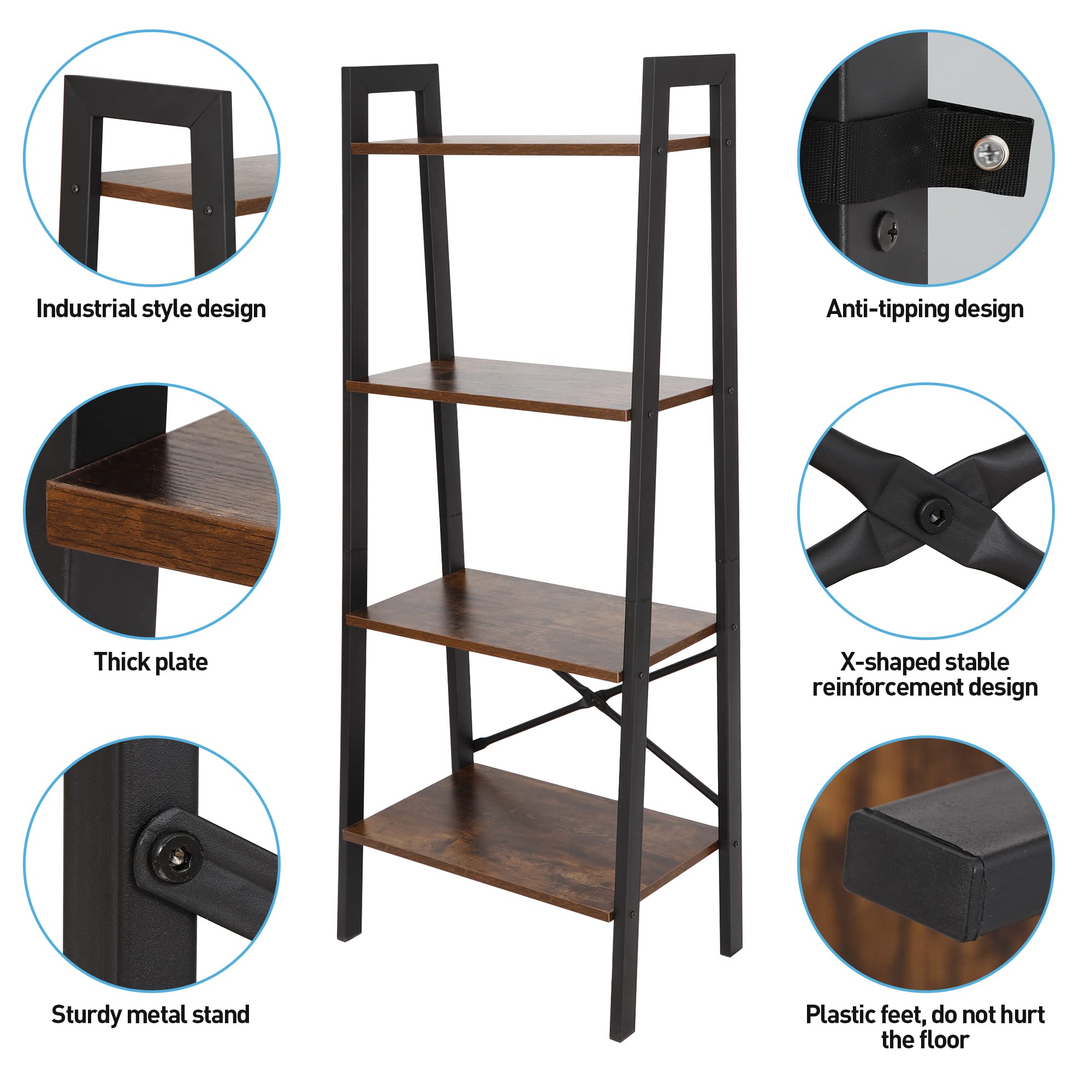 ZENY 4-Tier Bookshelf, Ladder Bookcase, Multifunctional Ladder-Shaped Plant Flower Stand Rack Bookrack Storage Shelves (Rustic Brown)
