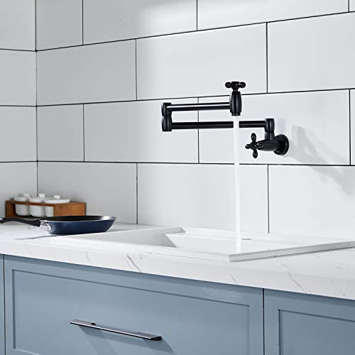 KRUZOO Pot Filler Kitchen Faucet Solid Brass Folding Wall Mount Stretchable Double Joint Swing Arm Single Hole 2 Handles Extending Arm,Matte Black