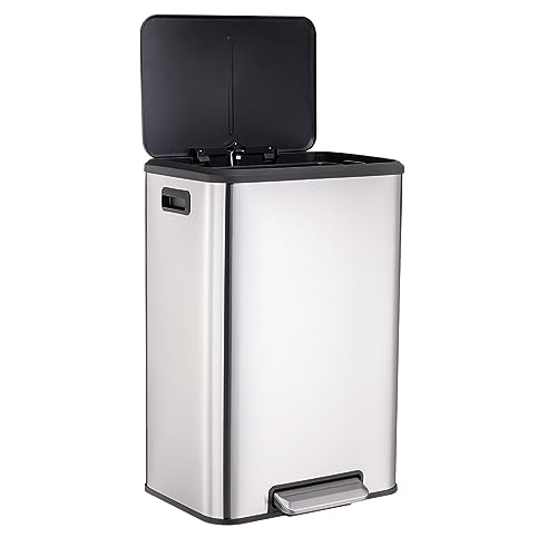 GAOMON 40 Liter/10.5 Gallon Trash Can, Rectangular Hands-Free Single Compartment Recycling Kitchen Step Trash Can with Soft-Close Lid, Stainless Steel Kitchen Garbage Can, Silver