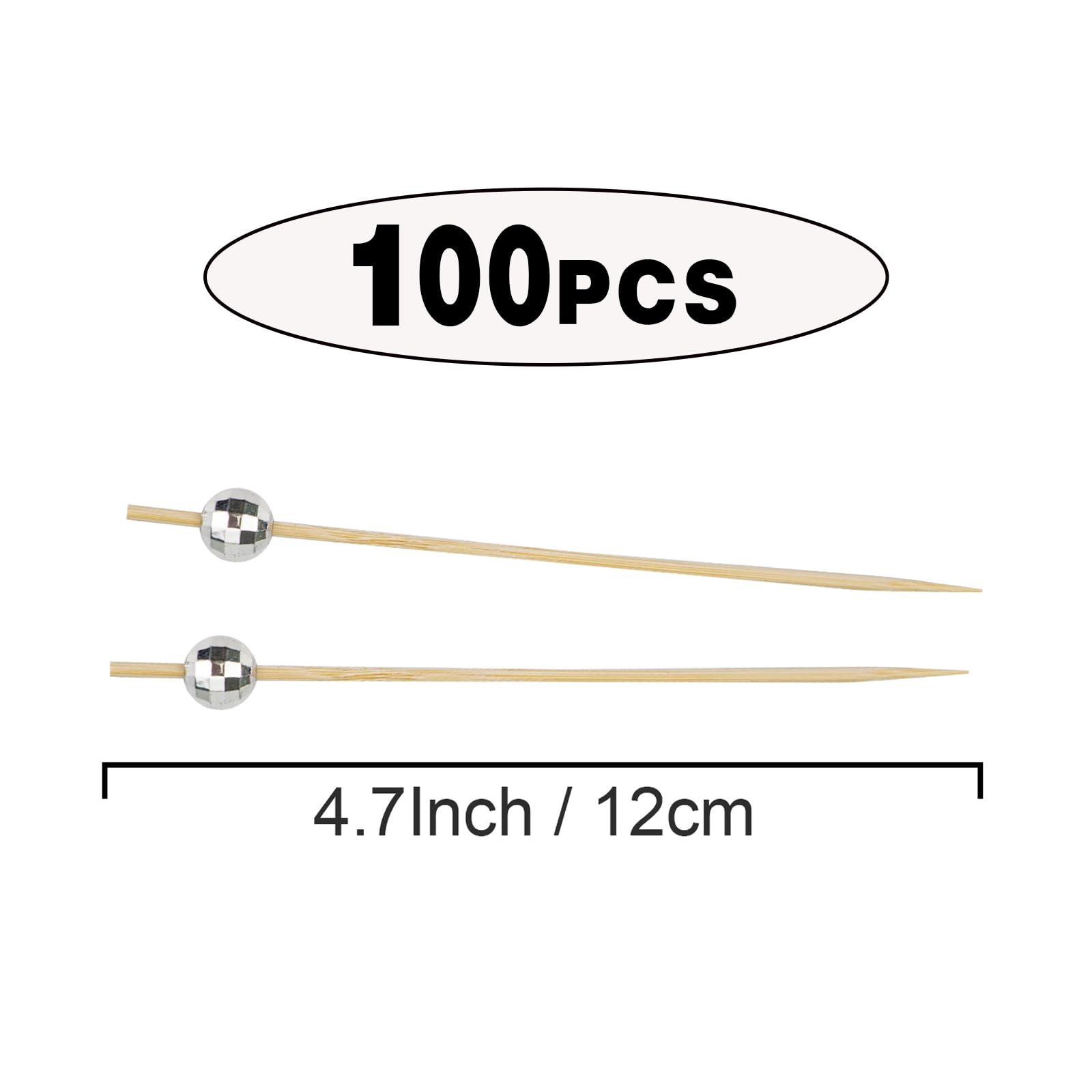 DecorWoo 100 Pcs Cocktail Picks, Disco Ball Decorative Toothpicks for Appetizers, Silver Cocktail Skewers for Appetizers, Wooden Long Cocktail Picks Disco Theme for Party Supplies (4.7 Inch, Silver)