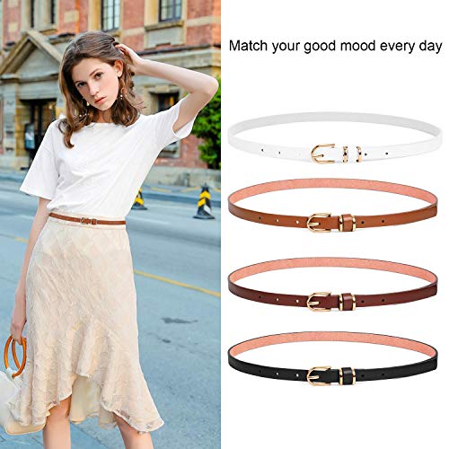 SANSTHS Set of 4 Womens Thin Belts Skinny Leather Belt with Gold Alloy Buckle (Black Brown Coffee White, S) ?-