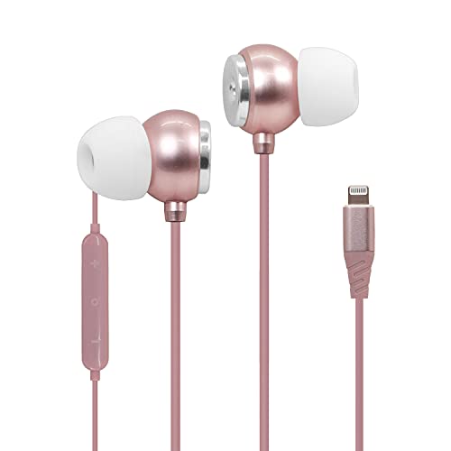 Realm Lightning Earbuds Apple MFi Certified Headphones, in-Ear Headphones with Lightning Connector, Built-in Microphone, Hands-Free Calling and Track Controls, Rose Gold, Pink, RLMA12RG