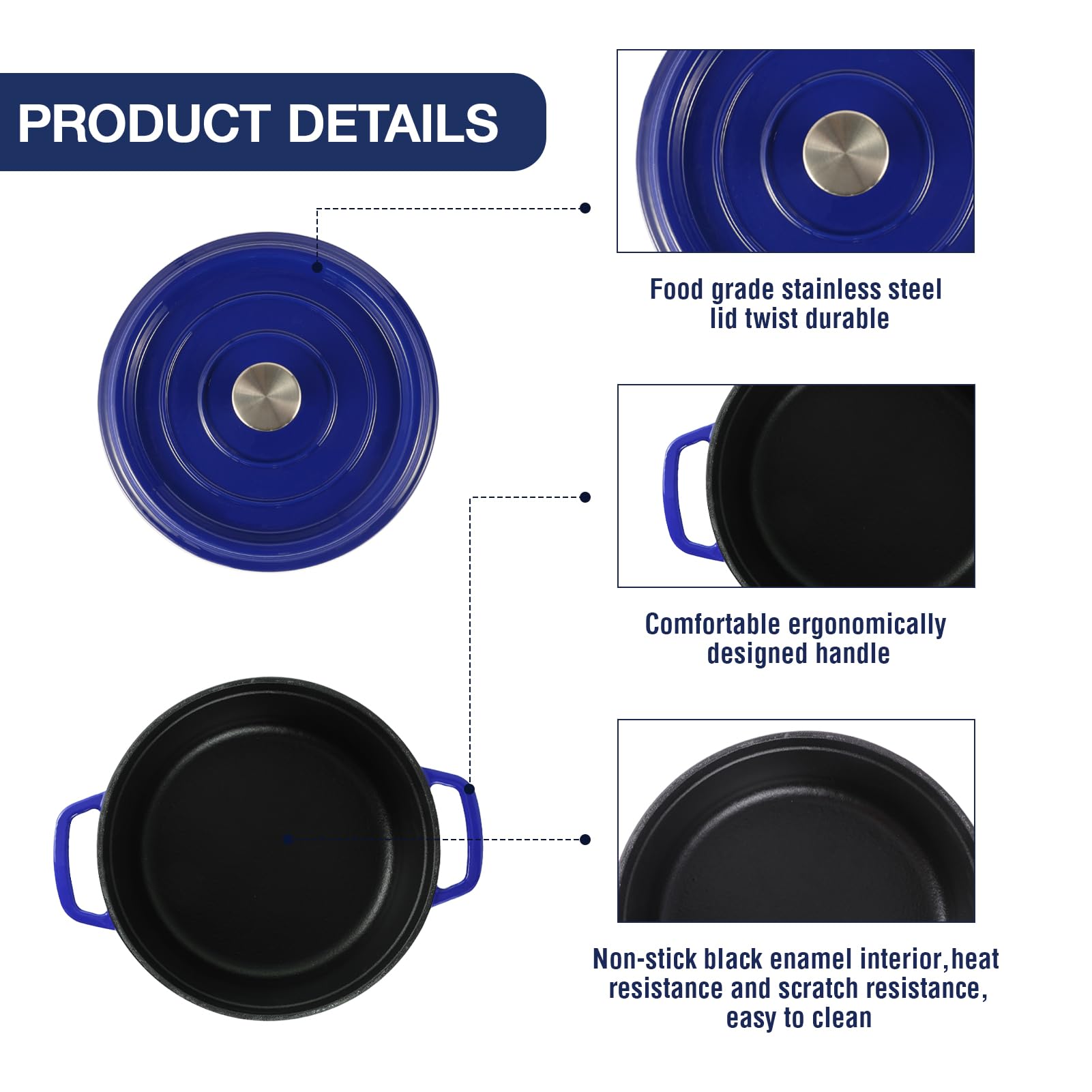 JOGREFUL 4 QT Dutch Oven, Ceramic Enameled Dutch Oven Pot with Lid for Sourdough Bread Baking, Cast Iron Non-Stick Oven Cooking Pot for Cooking/Baking/Kitchen Stovetop, Safe up to 500° F, Blue
