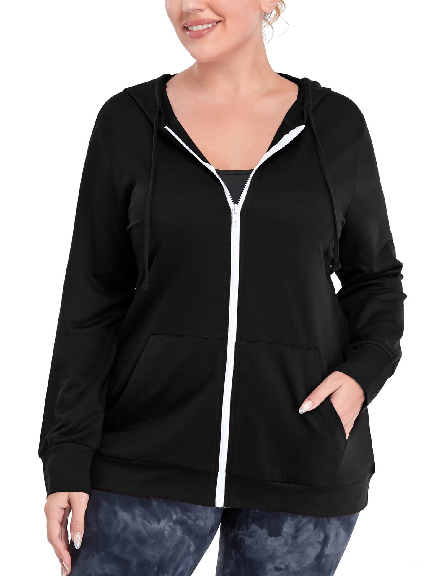 FOREYOND Plus Size Full Zip Hoodies for Women Long Sleeve Sweatshirt Workout Jackets with Kanga Pocket Black 2X