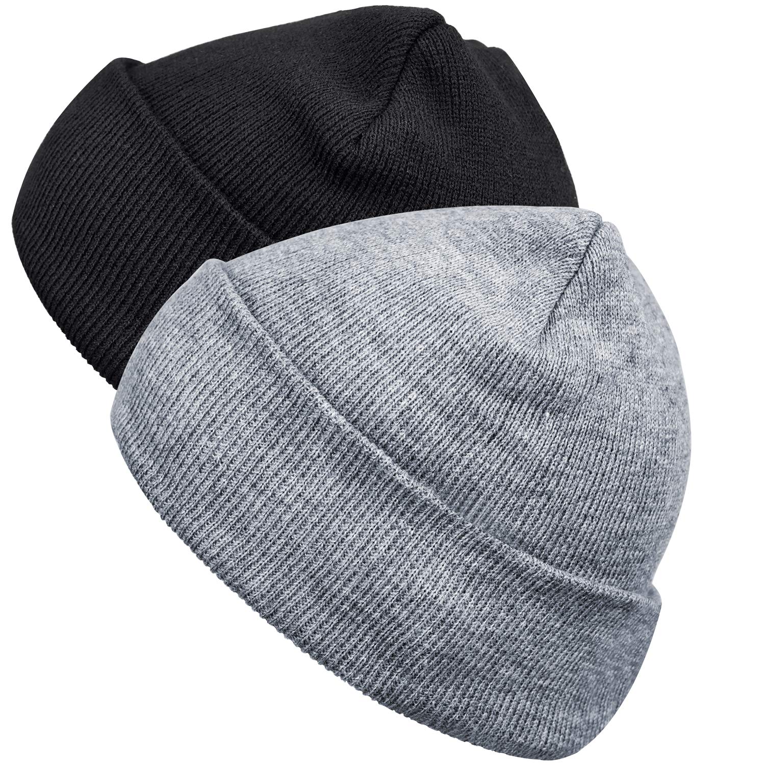EAONE 2 Pack Winter Beanie Knitted Hat for Men Women Black & Grey Unisex Beanie Cap Stretchy Warm Cold Weather Stylish Cable Knitted Beanie Oversized Slouch Beanie Cap