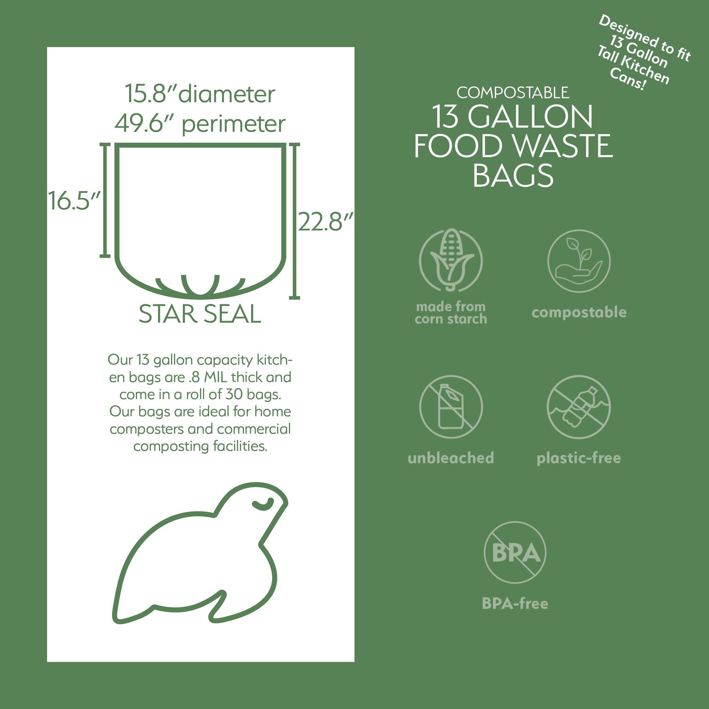 Earth's Natural Alternative 100% Compostable Tall Kitchen [13 Gallon 30 Pack] Eco-Friendly Garbage Bathroom, Trash Compactor Bags, Heavy-Duty, BPI Certified, Biodegradable