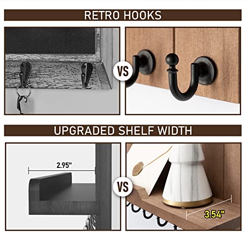 Rebee Vision Key Holder for Wall - Farmhouse Rustic Mail Organizer Floating Shelf for Home Kitchen Entryway Decor with 7 Sturdy Key Hooks (Retro Brown)