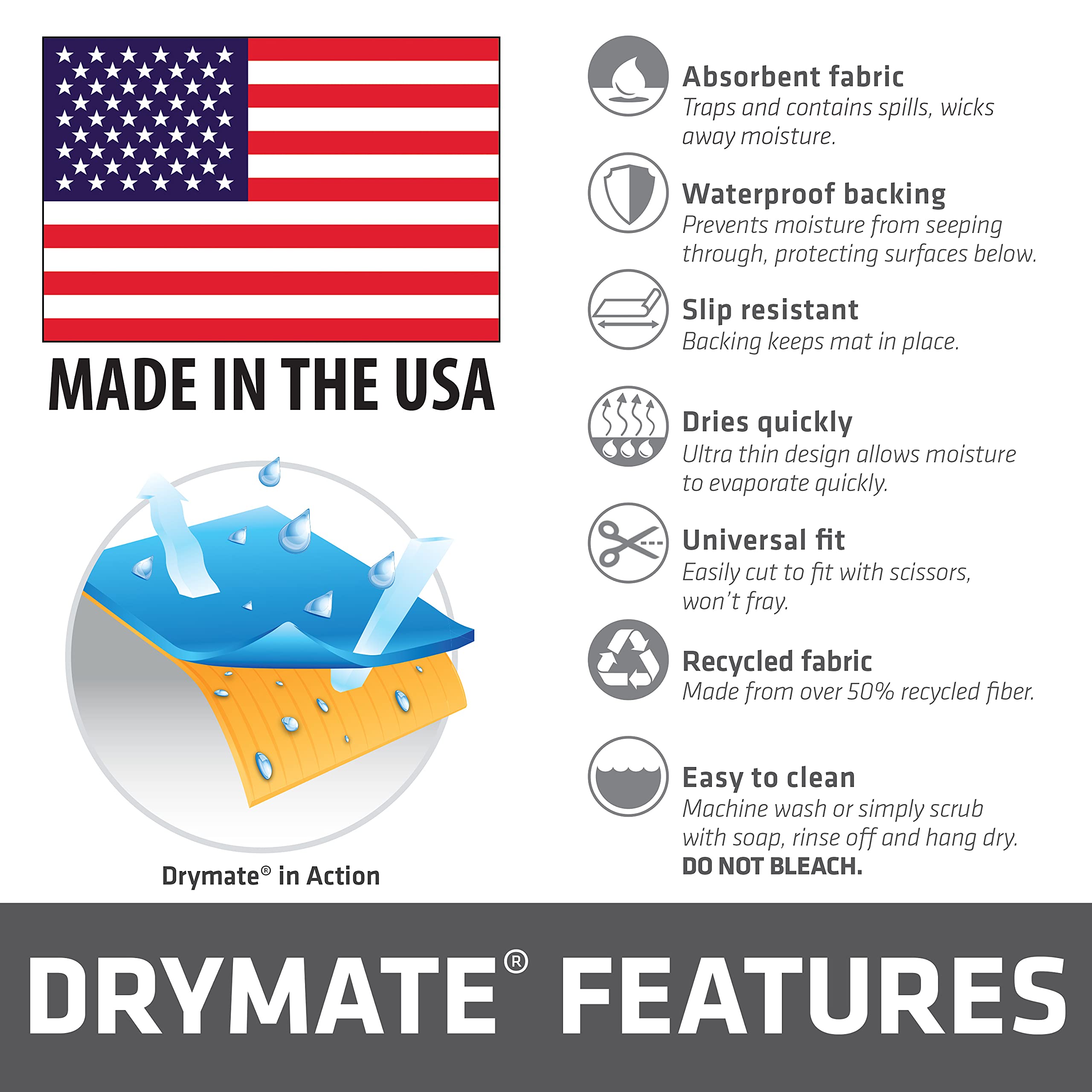 Drymate XL Dish Drying Mat, Oversized (19βx24β), Low-Profile, Super Absorbent, Quick Dry Fabric, Waterproof & Slip-Resistant, for Kitchen Counter, Trimmable, Easy to Clean (USA Made)(White)