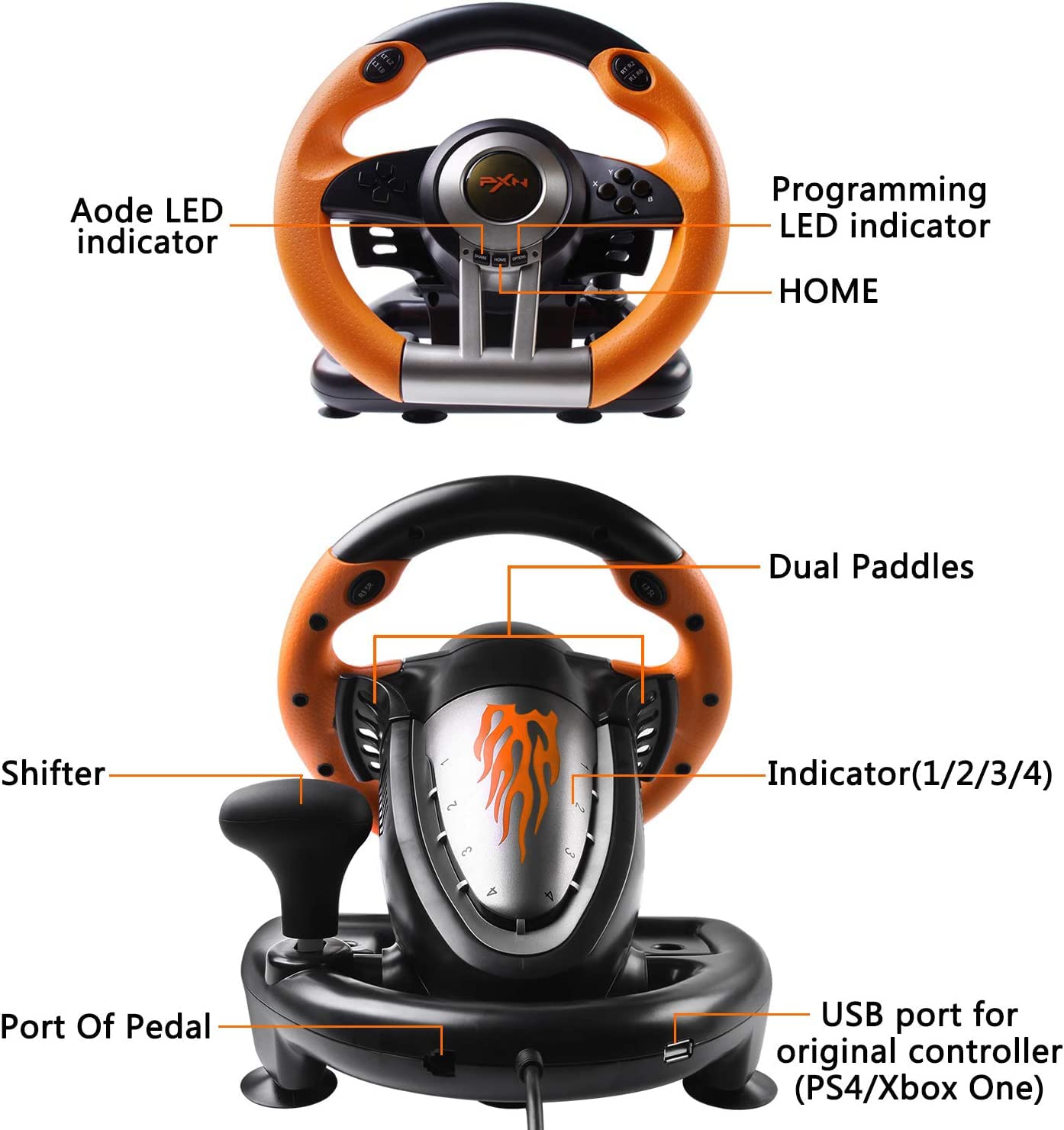 Gaming Racing Wheel, PXN-V3II 180° Competition Racing Steering Wheel with Universal USB Port and with Pedal, Suitable for PC, PS3, PS4, Nintendo Switch - Orange
