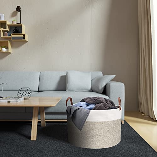 Hombins Large Storage Baskets Cotton Rope Baskets for Storage, 20"X20''X13'' Woven Toy Box Large Blanket Basket for Living Room Storage Laundry Basket with Leather Handle