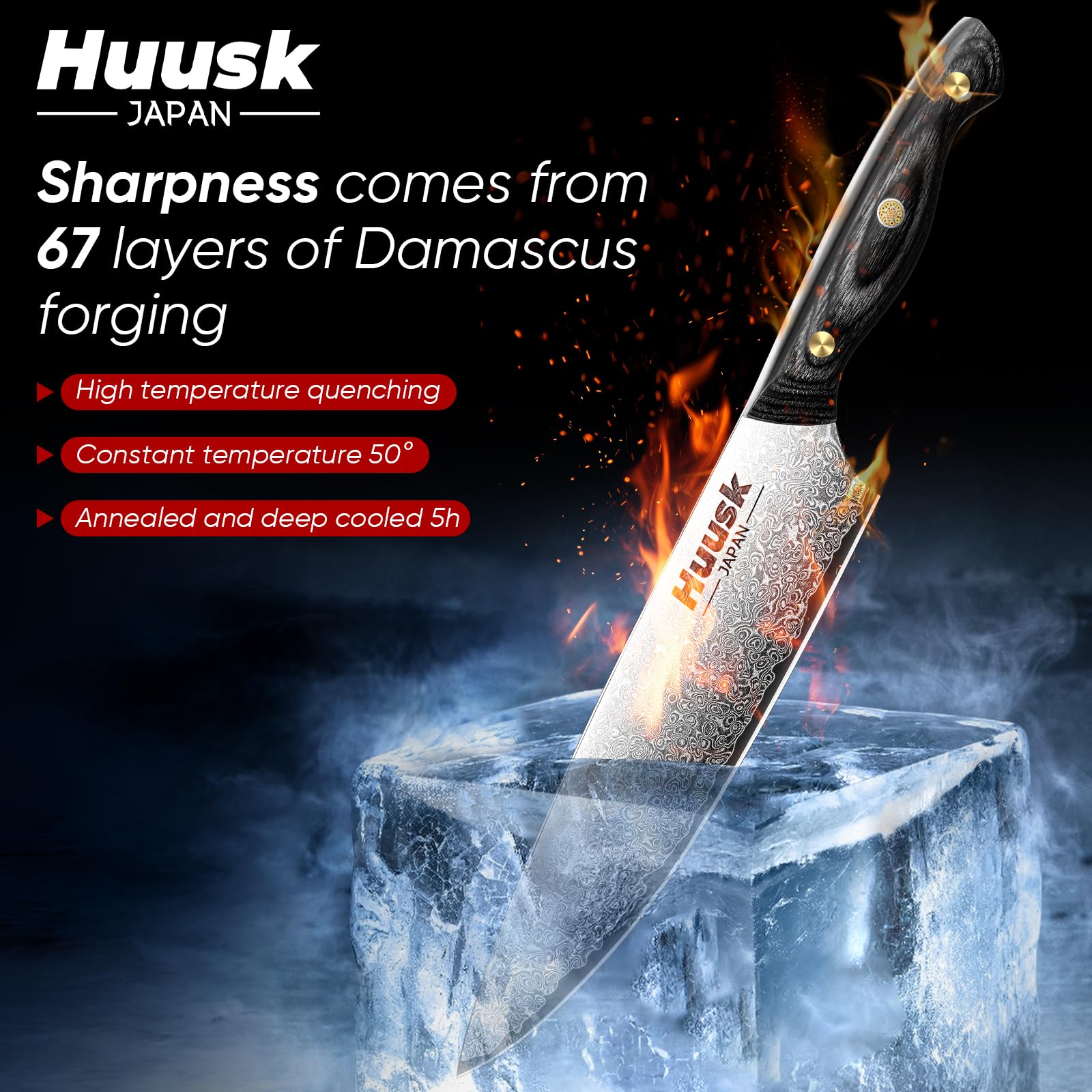Huusk Damascus Chef Knife Set 3 PCS,VG10 Santoku Knife set,Damascus Kitchen Utility Knife set with Wooden Handle, Versatile Knife for Vegetable Fruit Meat, Birthday Dad Mom Gift