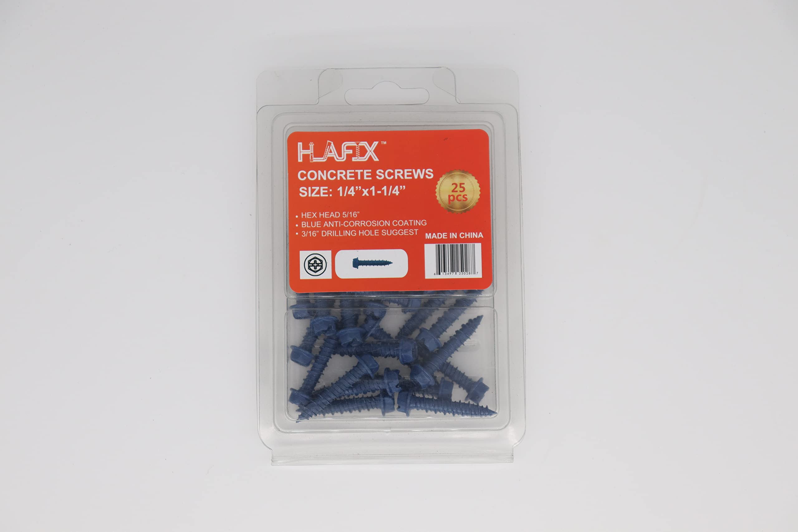 HLAFIX Fastener Blue Ruspert Coating Concrete Screw 1/4”x1-1/4”, Hex Washer Head, Sharp Point, 25pcs in Blister Package