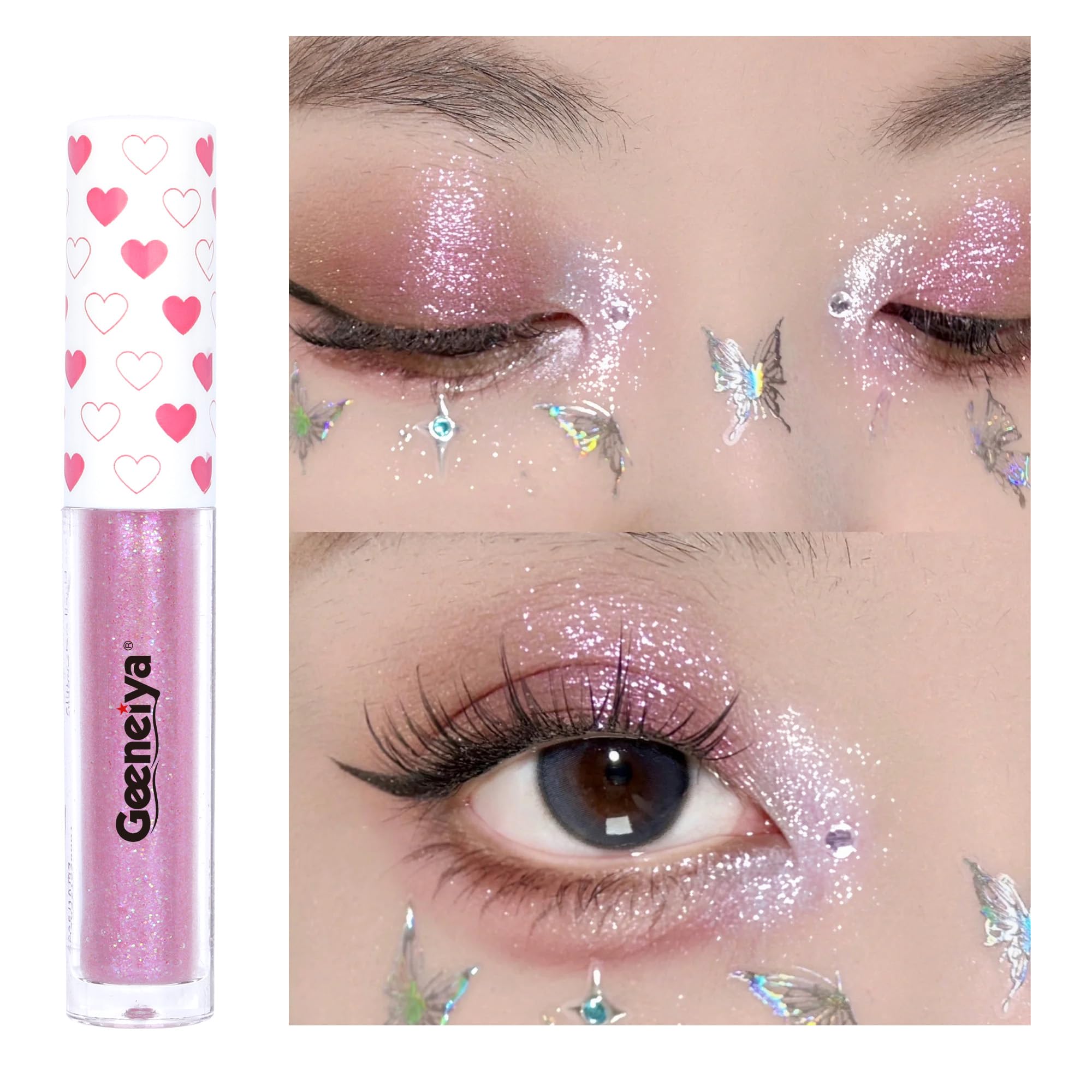 Geeneiya Glitter Eyeshadow Liquid Eyeshadow Korean Makeup Purple Pink Glitter Eyeliner, Pigmented, Quick Drying, Loose Glitter Glue for Crystals Eye Makeup